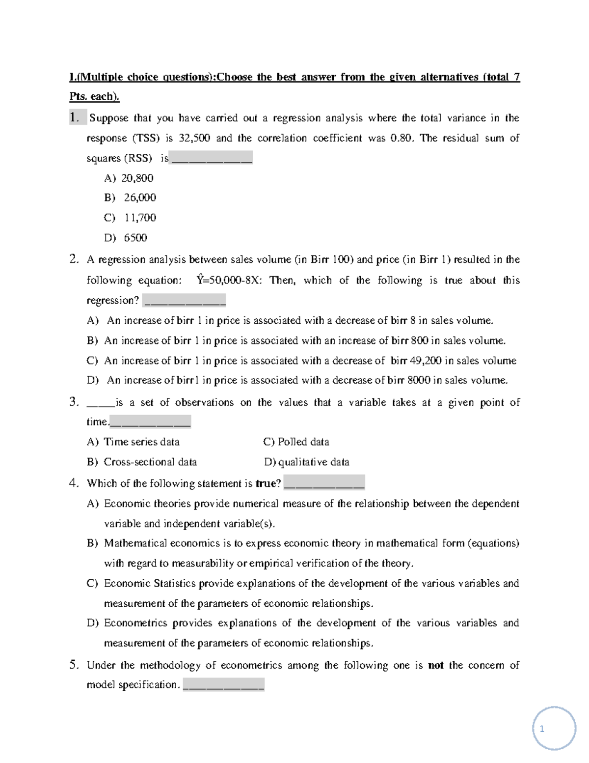 Econometrics test one for managment - I.(Multiple choice questions ...