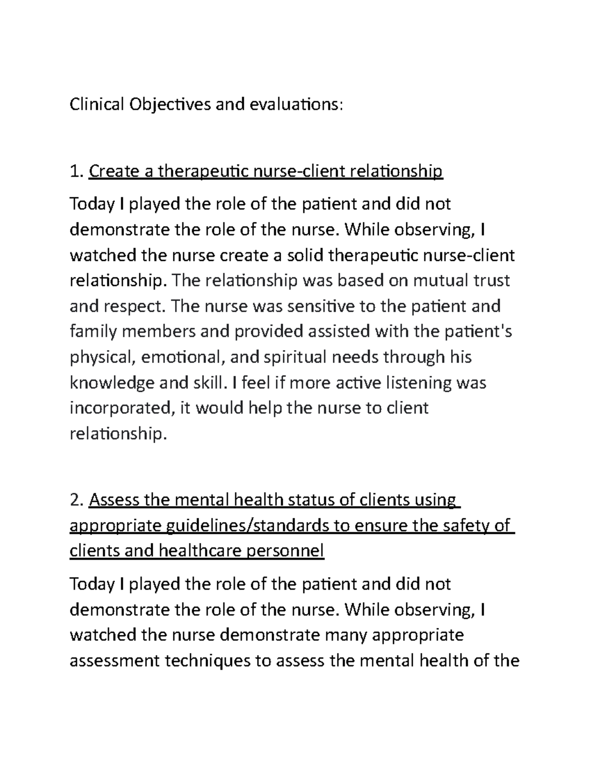 Clinical Objectives and evaluations - Clinical Objectives and ...