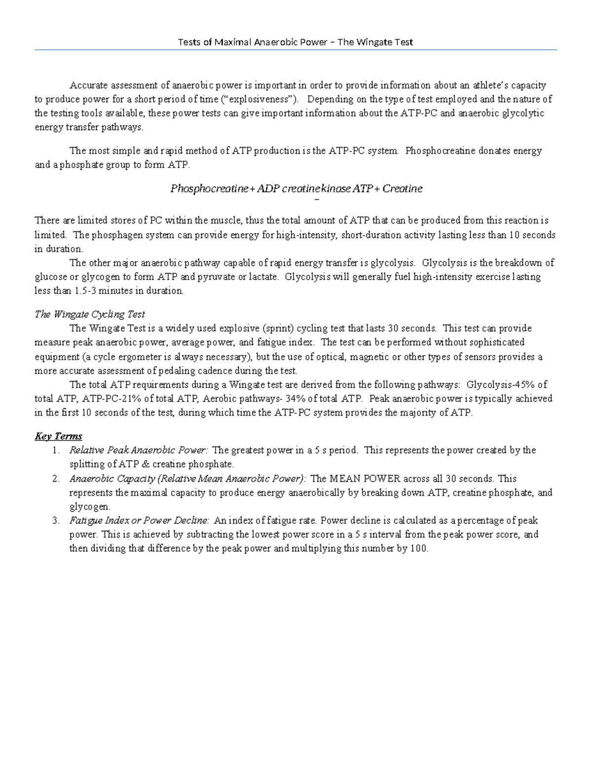 Wingate Test - Tests of Maximal Anaerobic Power – The Wingate Test ...