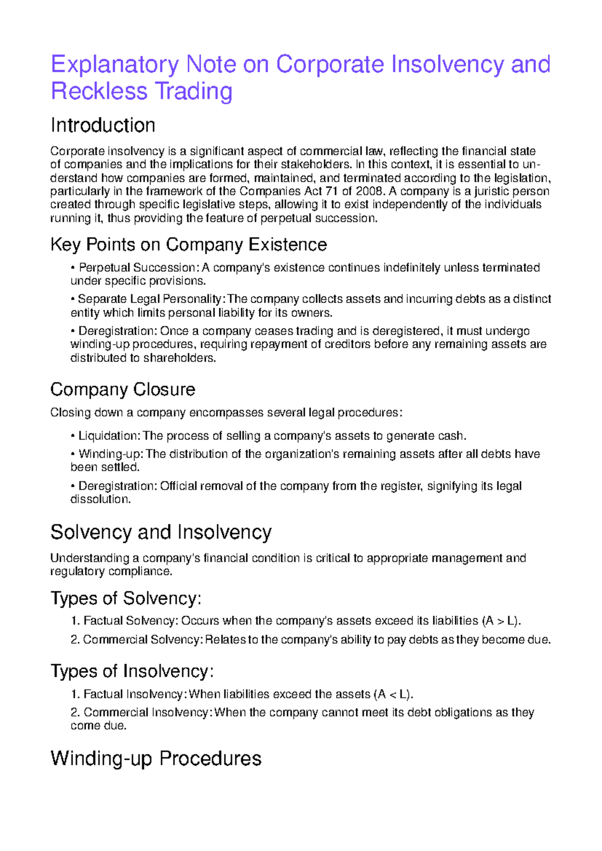 Raena ai summary br2r31ptal - Explanatory Note on Corporate Insolvency ...