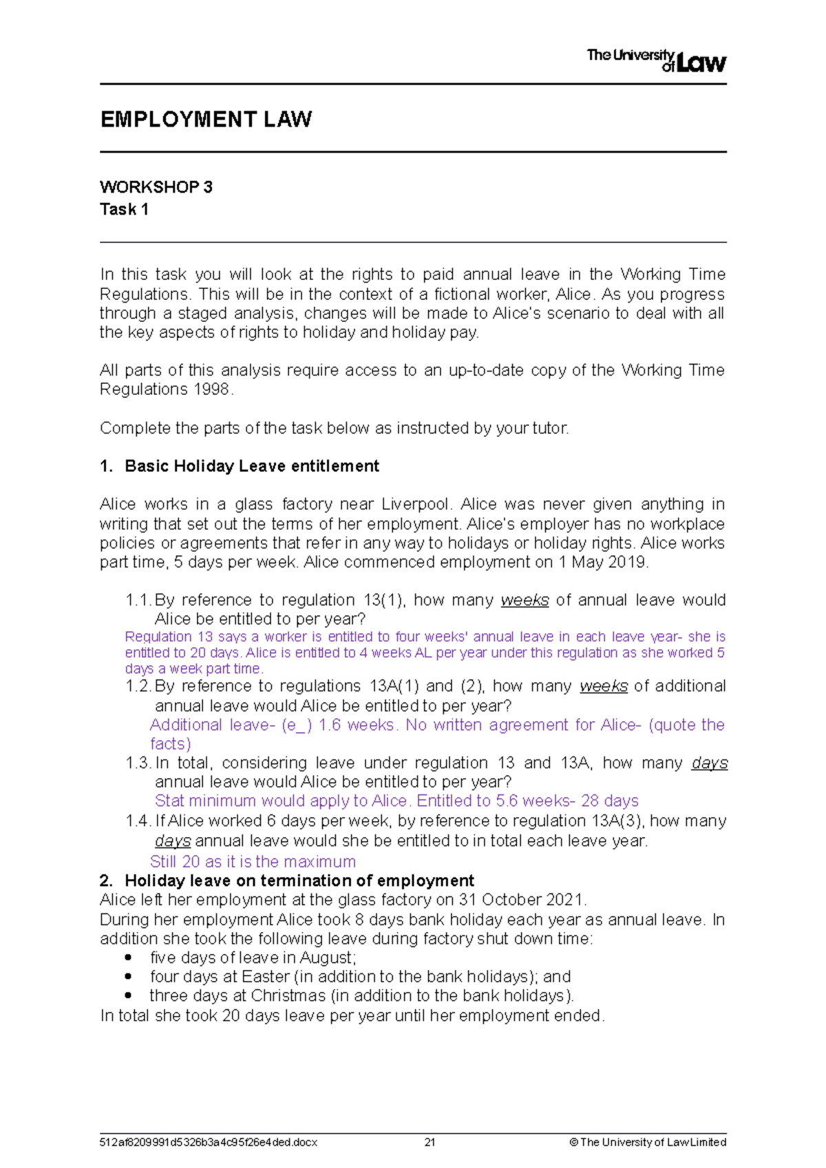 Employment ws3 1 - workshop 3 task 1 - EMPLOYMENT LAW WORKSHOP 3 Task 1 In this task you will ...