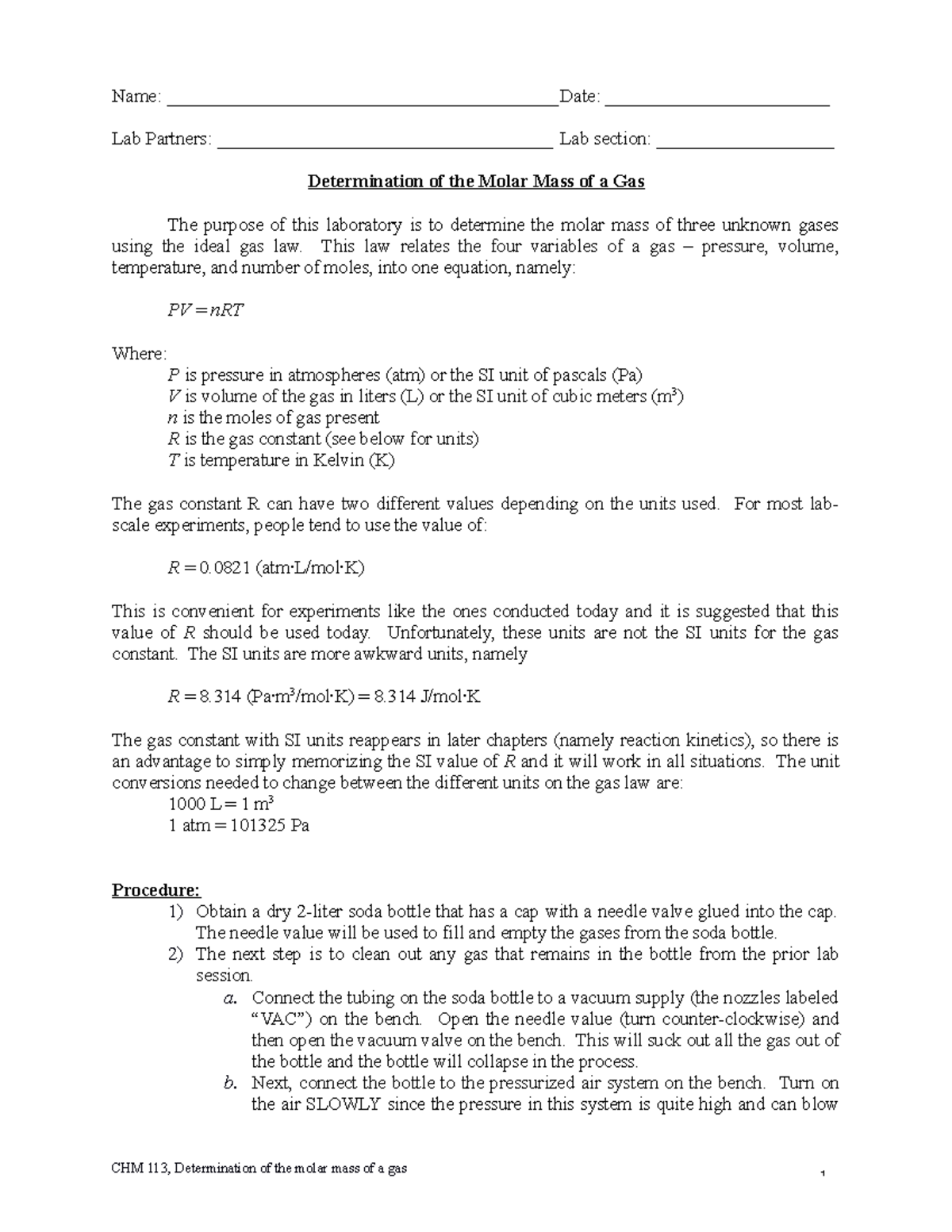 113 Determination of Molar Mass of a Gas- Student - Name: - Studocu