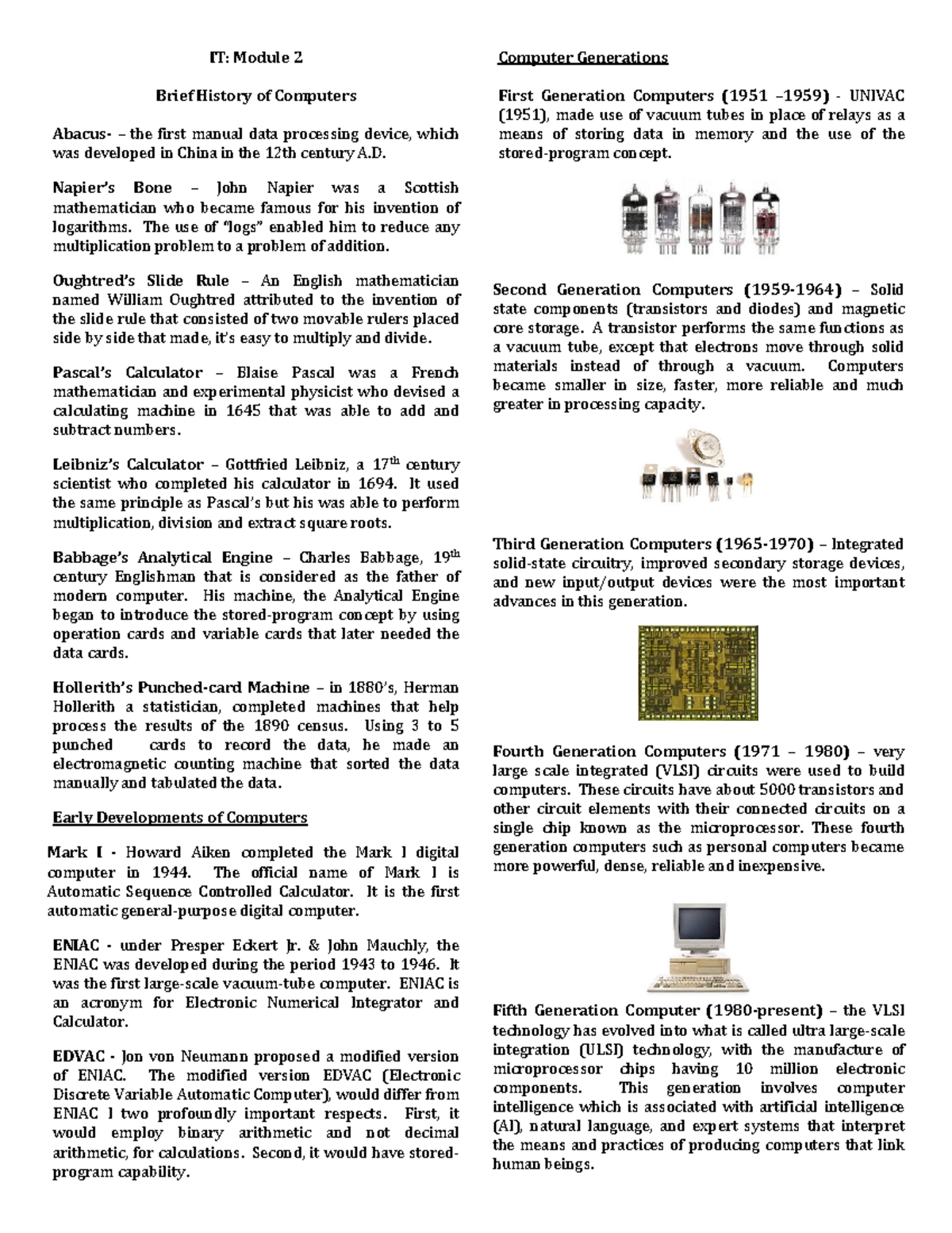 IT - IT Compilation - IT: Module 2 Brief History of Computers Abacus ...