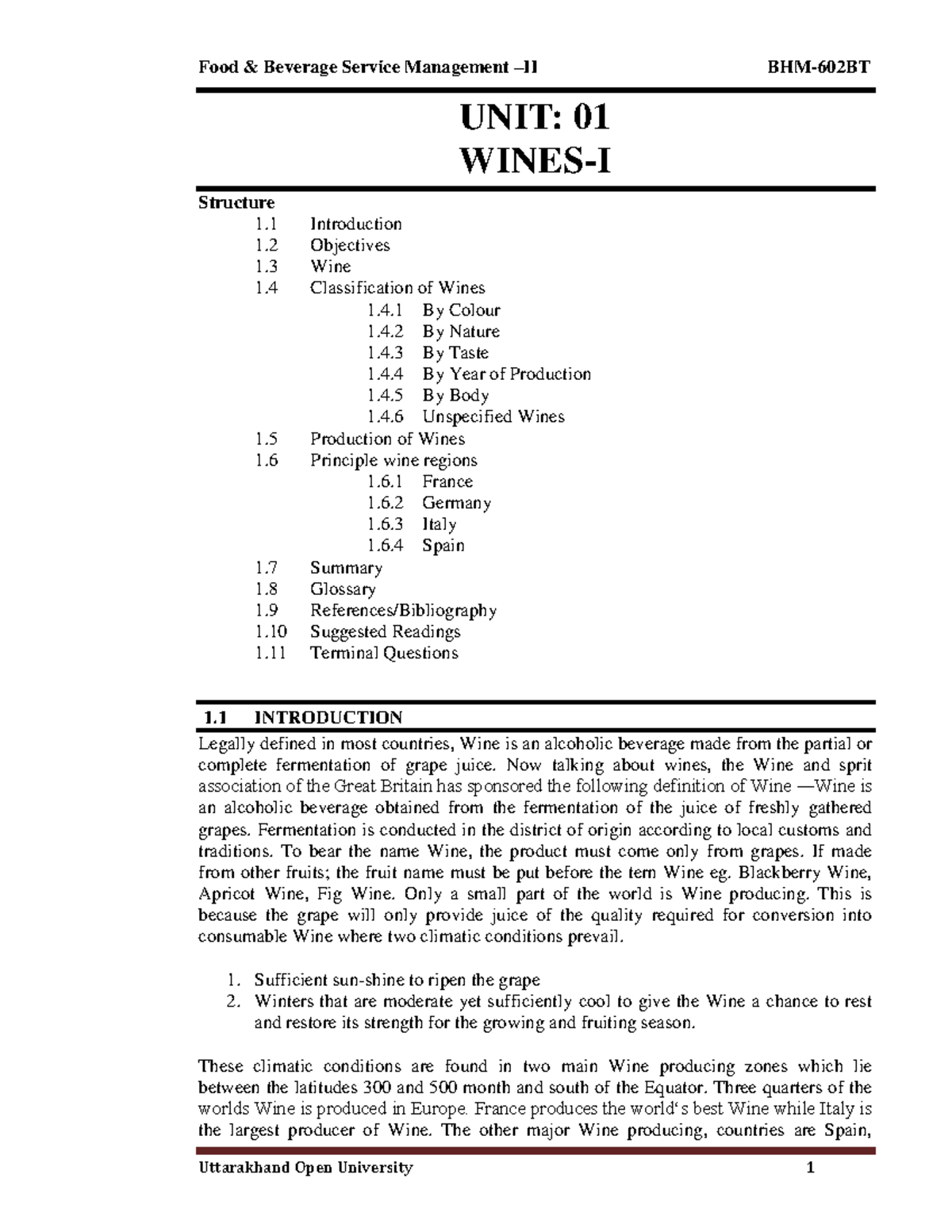 Vine train sprpt - vine - UNIT: 01 WINES-I Structure 1 Introduction 1 Objectives 1 Wine 1 - Studocu