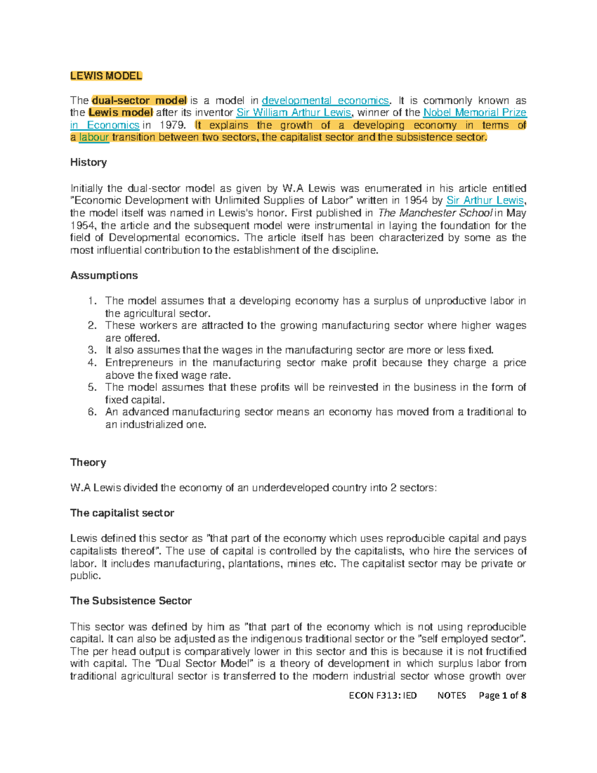 Lewis Model of Growth and Development - LEWIS MODEL The dual-sector ...