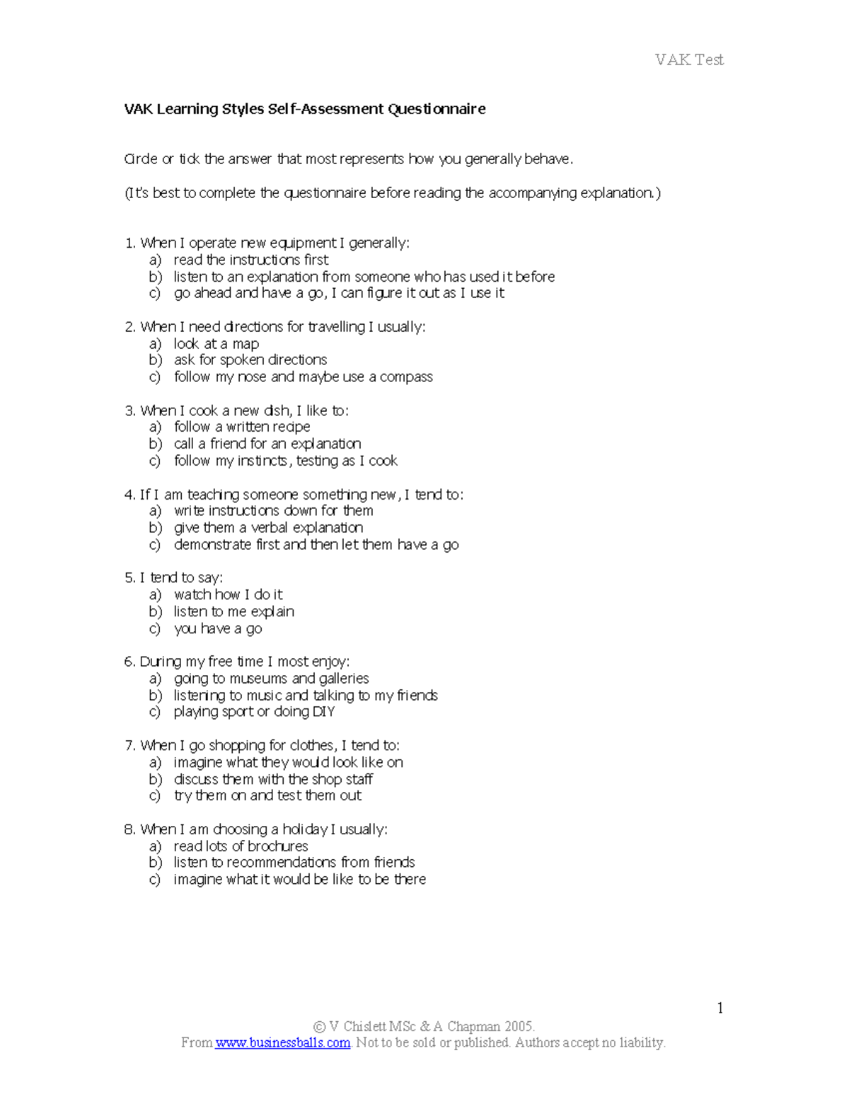 Learning Styles Questionnaire - VAK Learning Styles Self-Assessment ...
