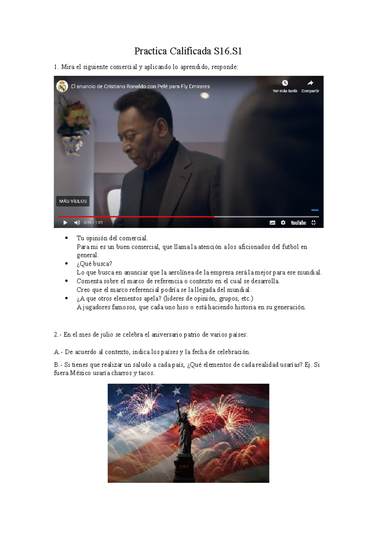 Practica Calificada S16 - Practica Calificada S16 Mira el siguiente comercial y aplicando lo ...