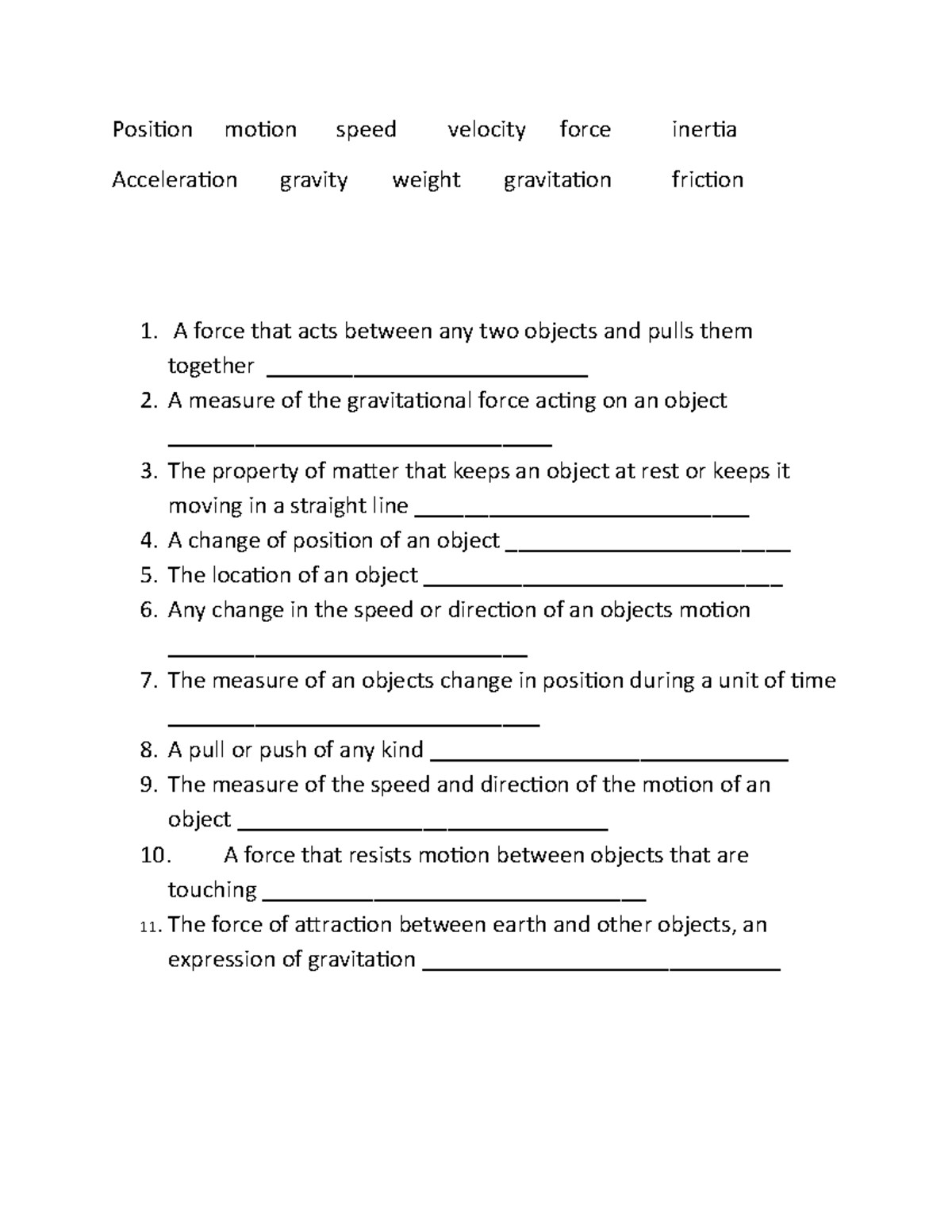 Science vocabulary - Position motion speed velocity force inertia ...