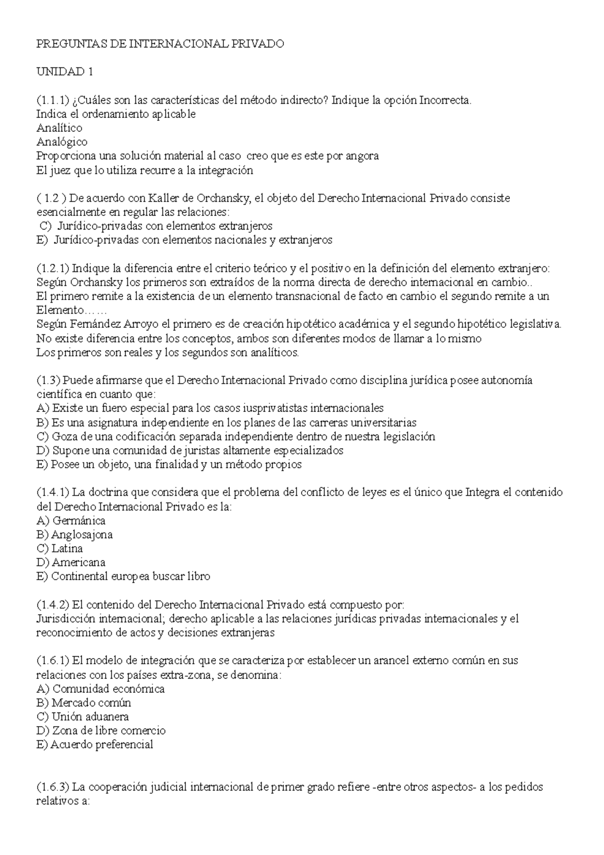 Derecho internacional privado preguntero - PREGUNTAS DE INTERNACIONAL PRIVADO UNIDAD 1 (1.1 ...