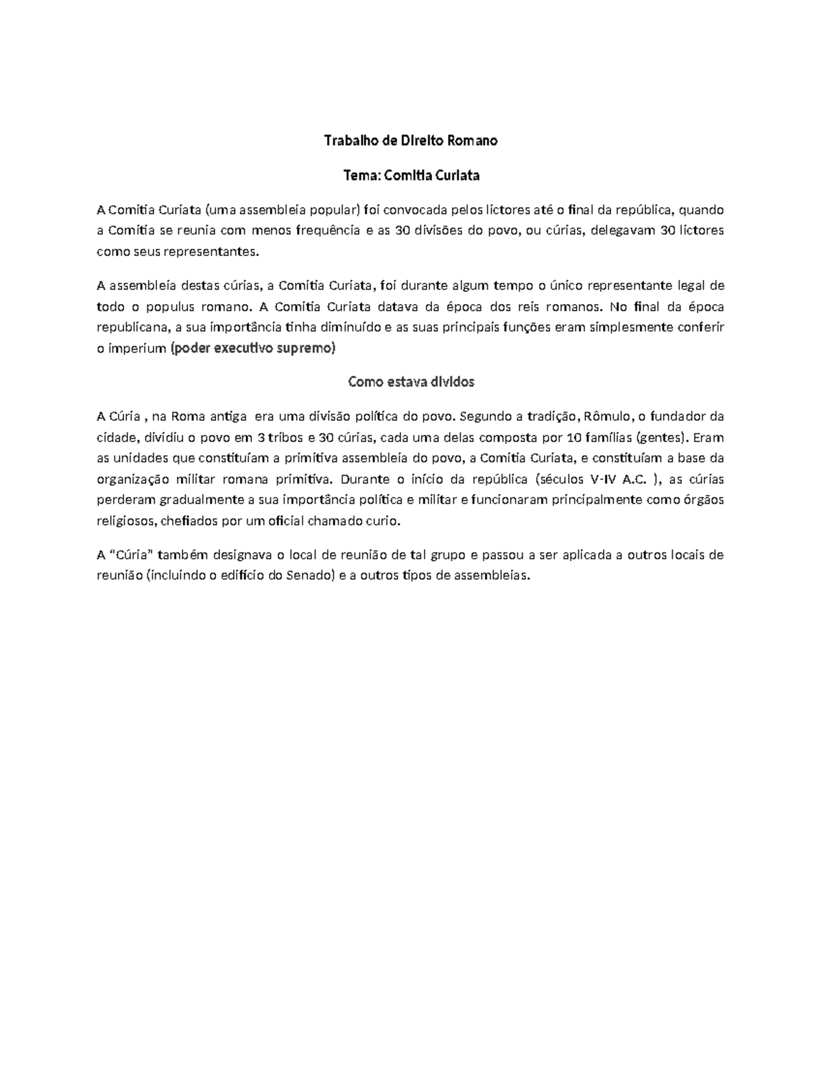Comitia Curiata-WPS Office - Trabalho de Direito Romano Tema: Comitia ...