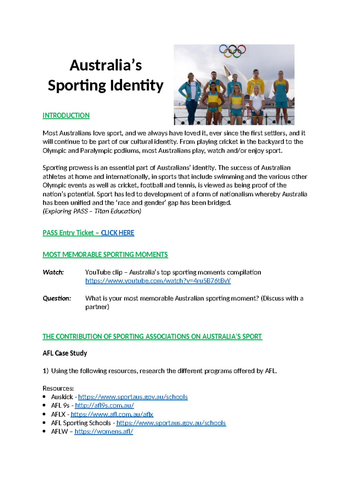 2021 Lesson 1 Sporting Identity - Australia’s Sporting Identity ...