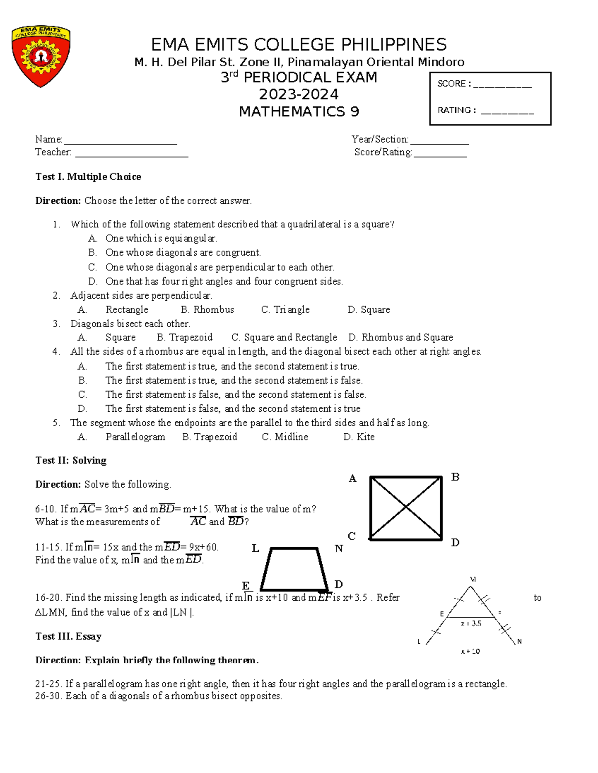 Testpaper G9 - test paper - SCORE : ___________ RATING : __________ EMA ...