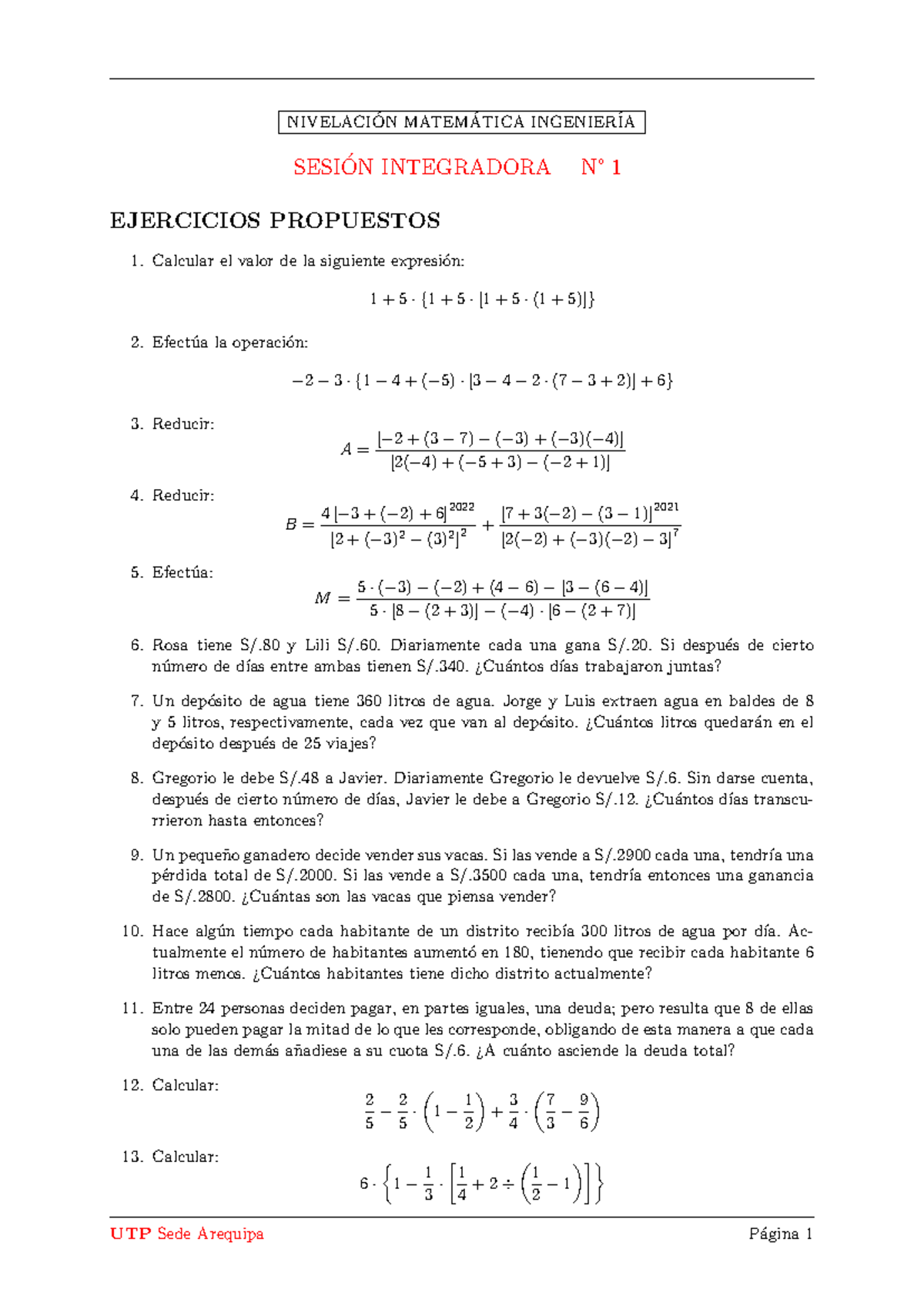 SESI N Integradora 1 - NIVELACI ́ON MATEM ́ATICA INGENIER ́IA SESI ́ON INTEGRADORA N° 1 ...