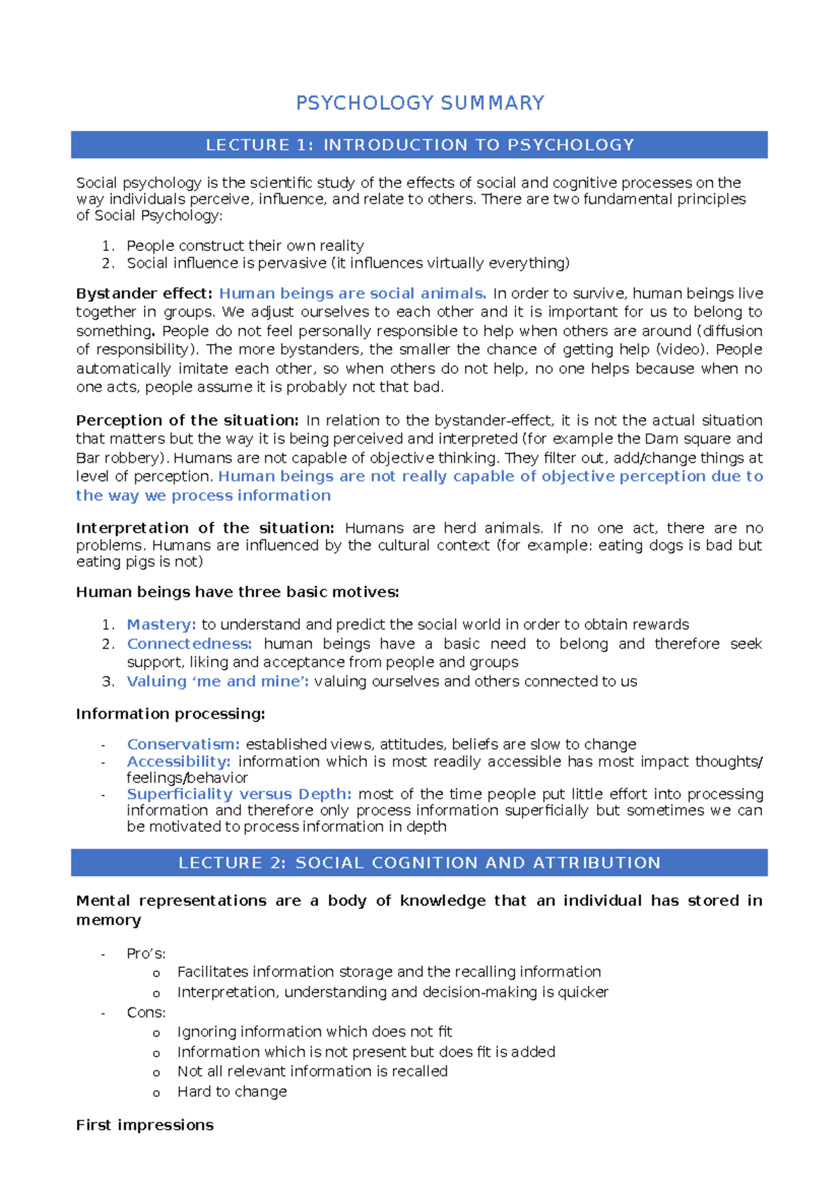 Introduction to Psychology - Summary (Complete) - PSYCHOLOGY SUMMARY ...