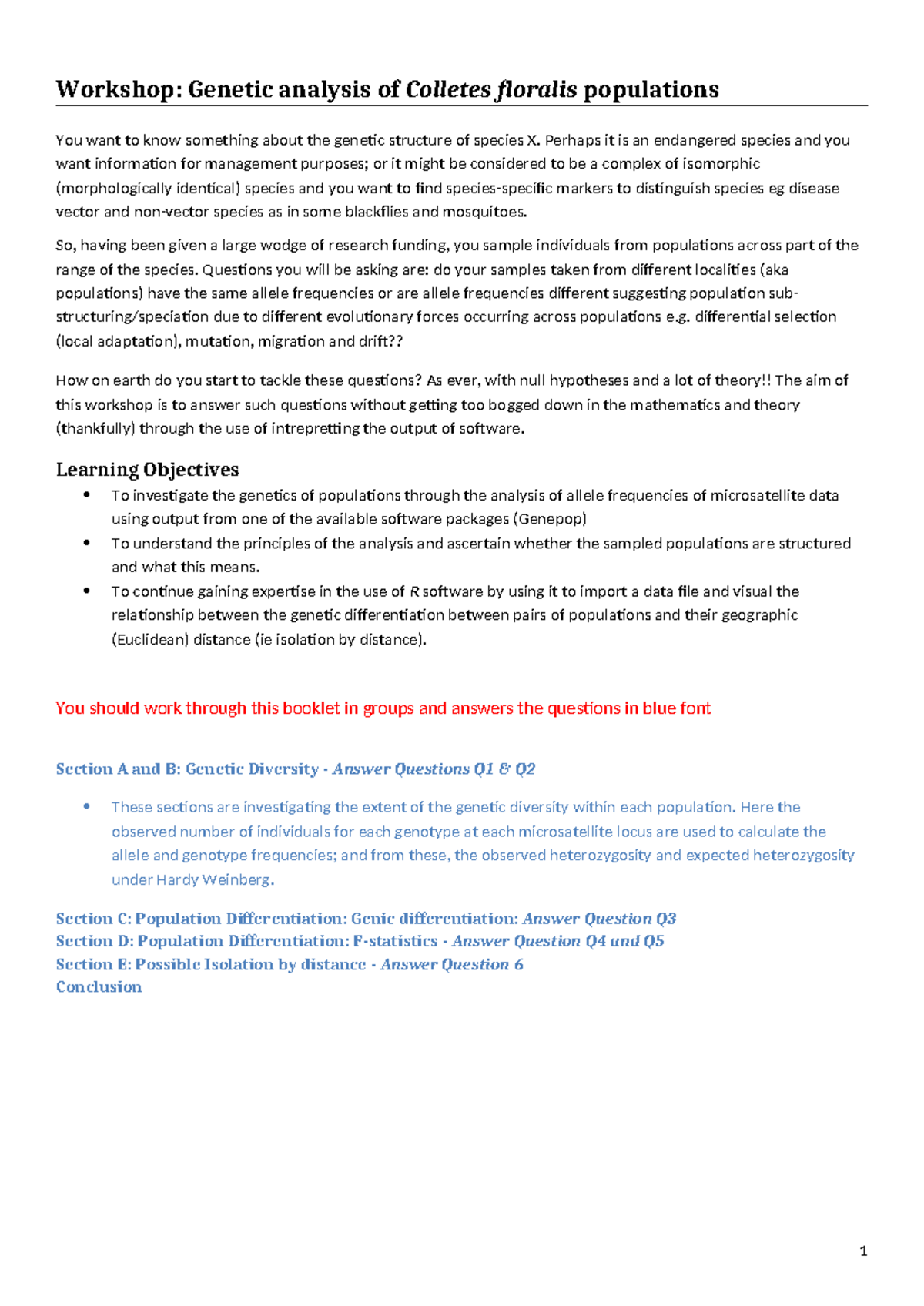 Workshop Genepop-Workbook - Workshop: Genetic analysis of Colletes ...
