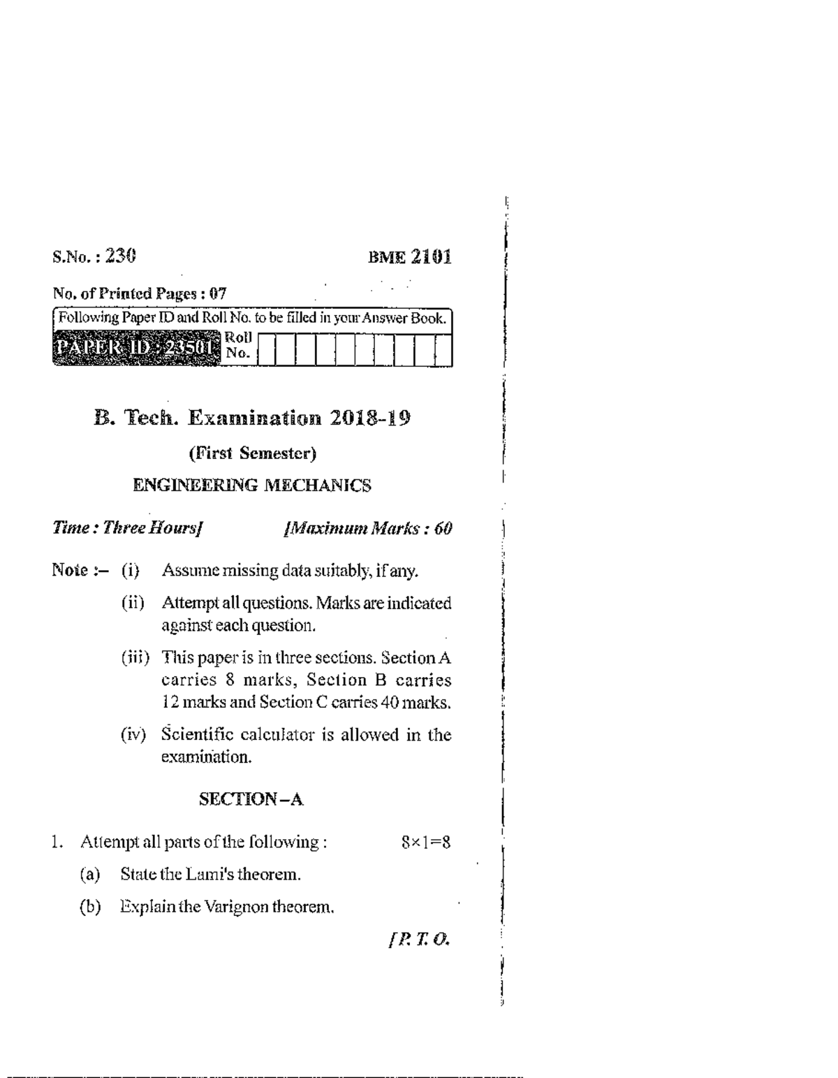 Enggmechpaper 1 - question paper - Engineering Mechanics - Studocu