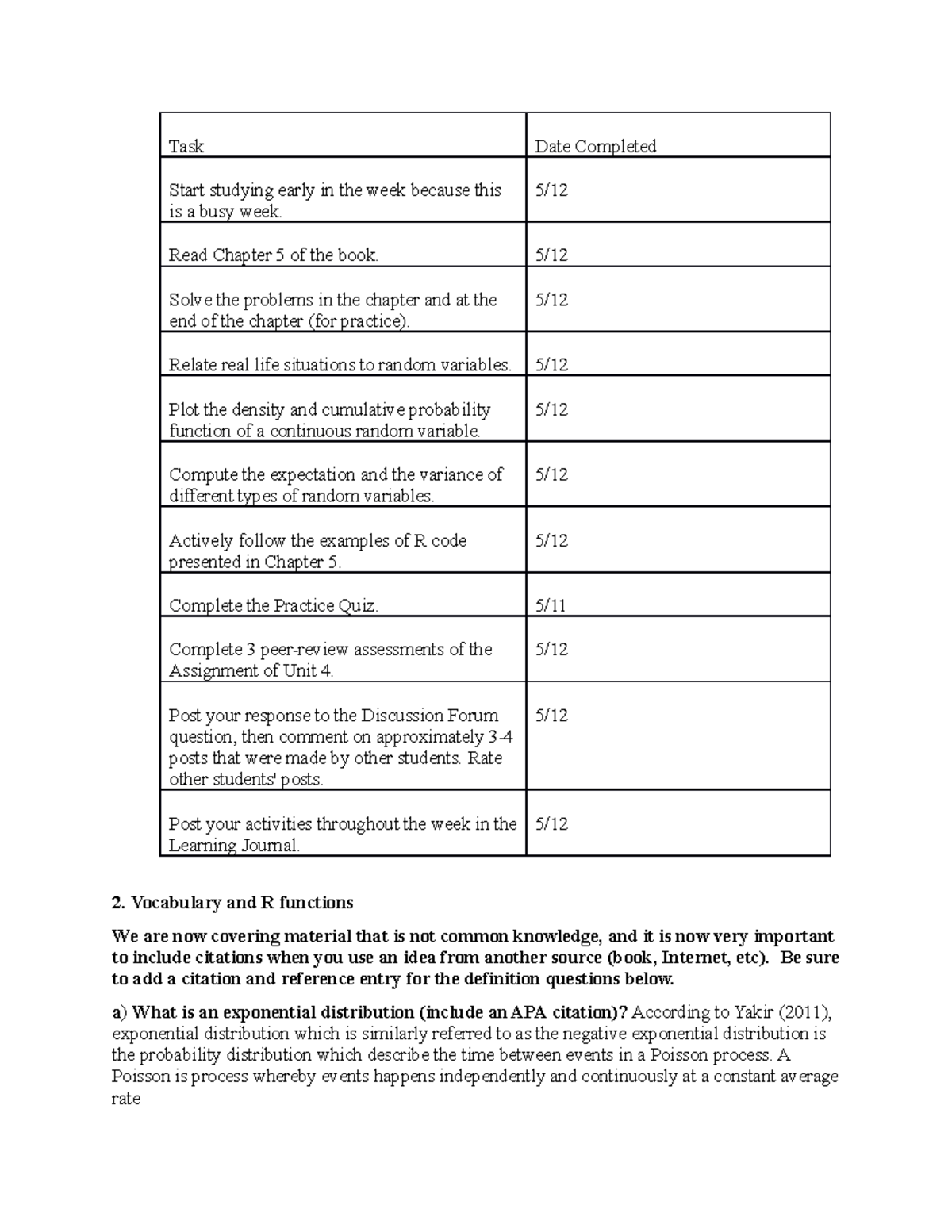 Week 5 Learning Journal Intro to Stats - Task Date Completed Start ...