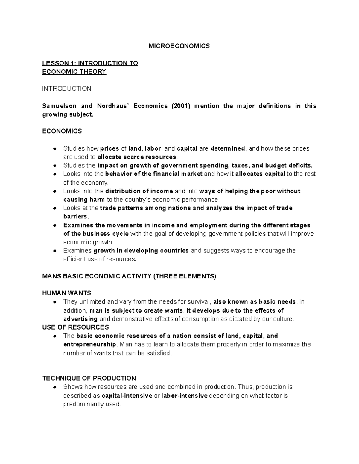 Microeconomics - MICROECONOMICS LESSON 1: INTRODUCTION TO ECONOMIC ...
