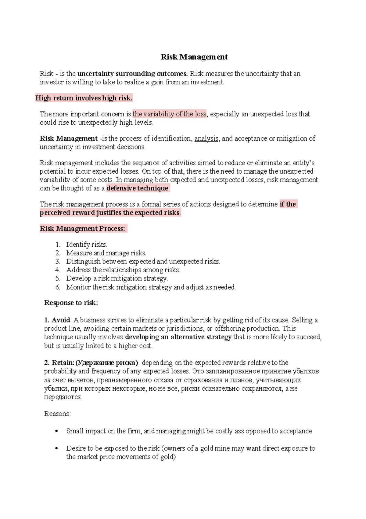 Lecture 1 - Risk Management Risk - is the uncertainty surrounding ...