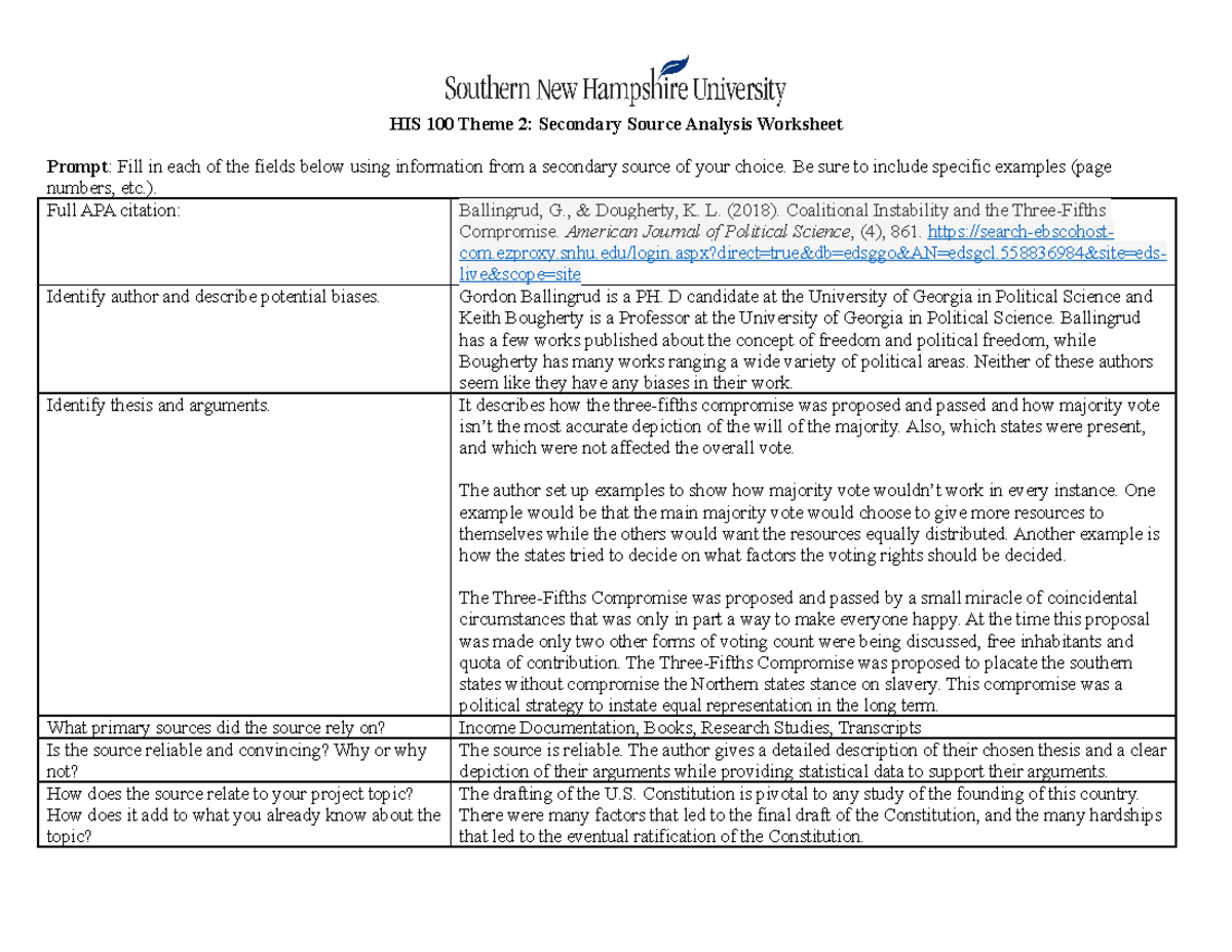 His100 secondary source analysis worksheet - HIS 100 Theme 2: Secondary ...