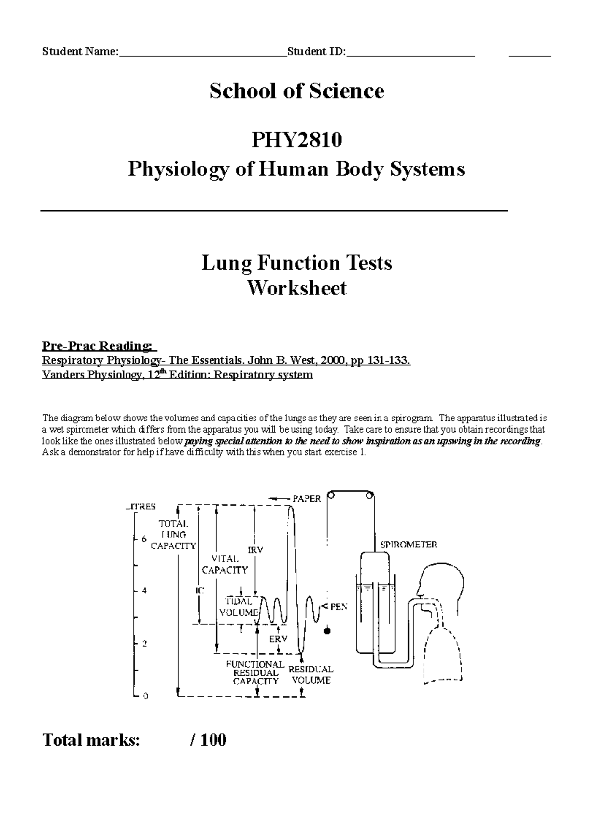 PHY2810 Lung Function Worksheet - Student Name: Student ID: School of ...
