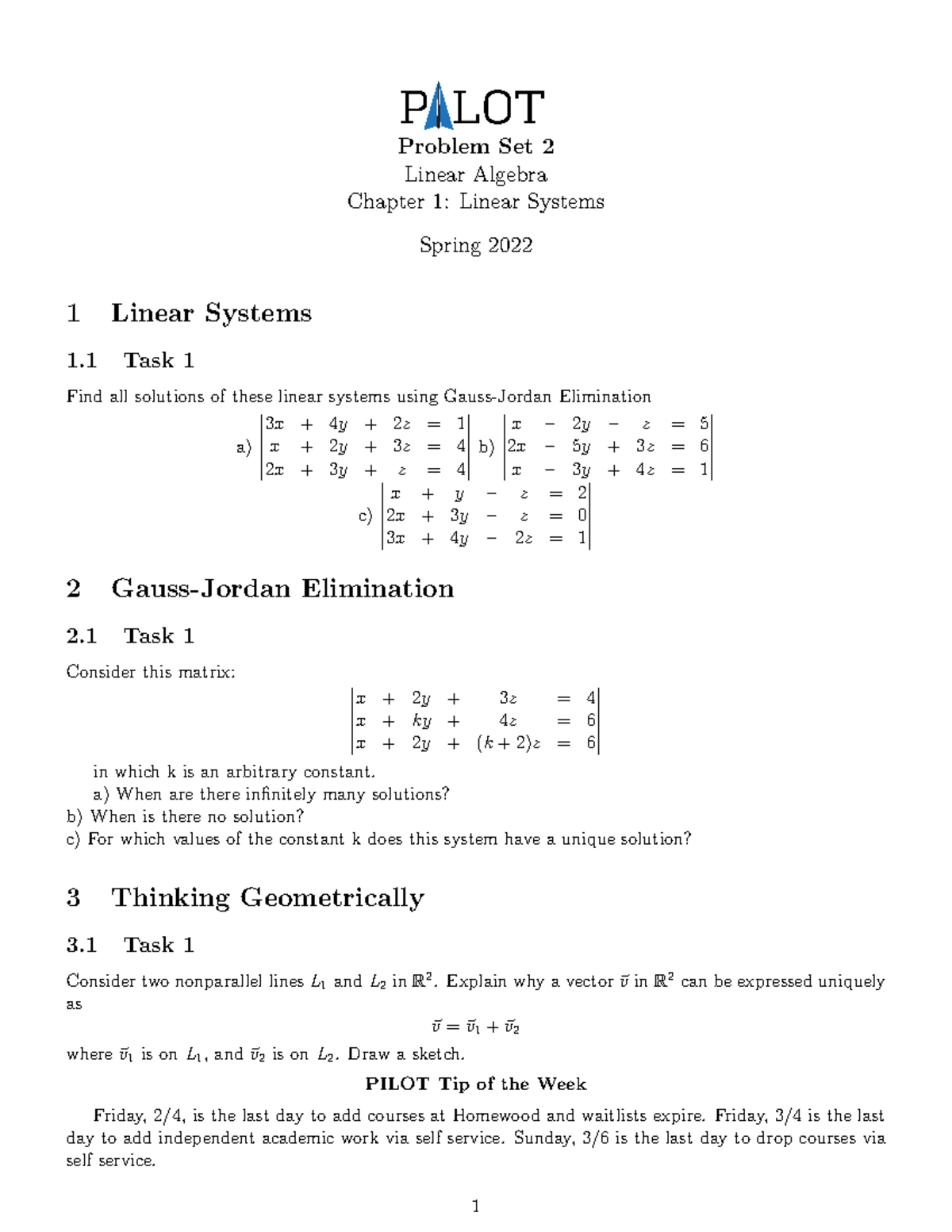Pilot Problem Set # 2 - Problem Set 2 Linear Algebra Chapter 1: Linear Systems Spring 2022 1 ...