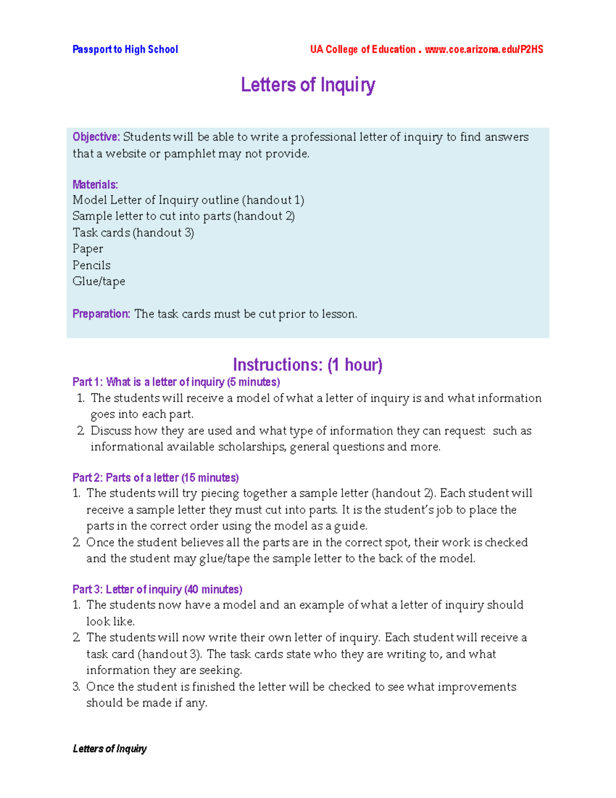 Letter of inquiry. A letter of inquiry is a short letter you can write ...