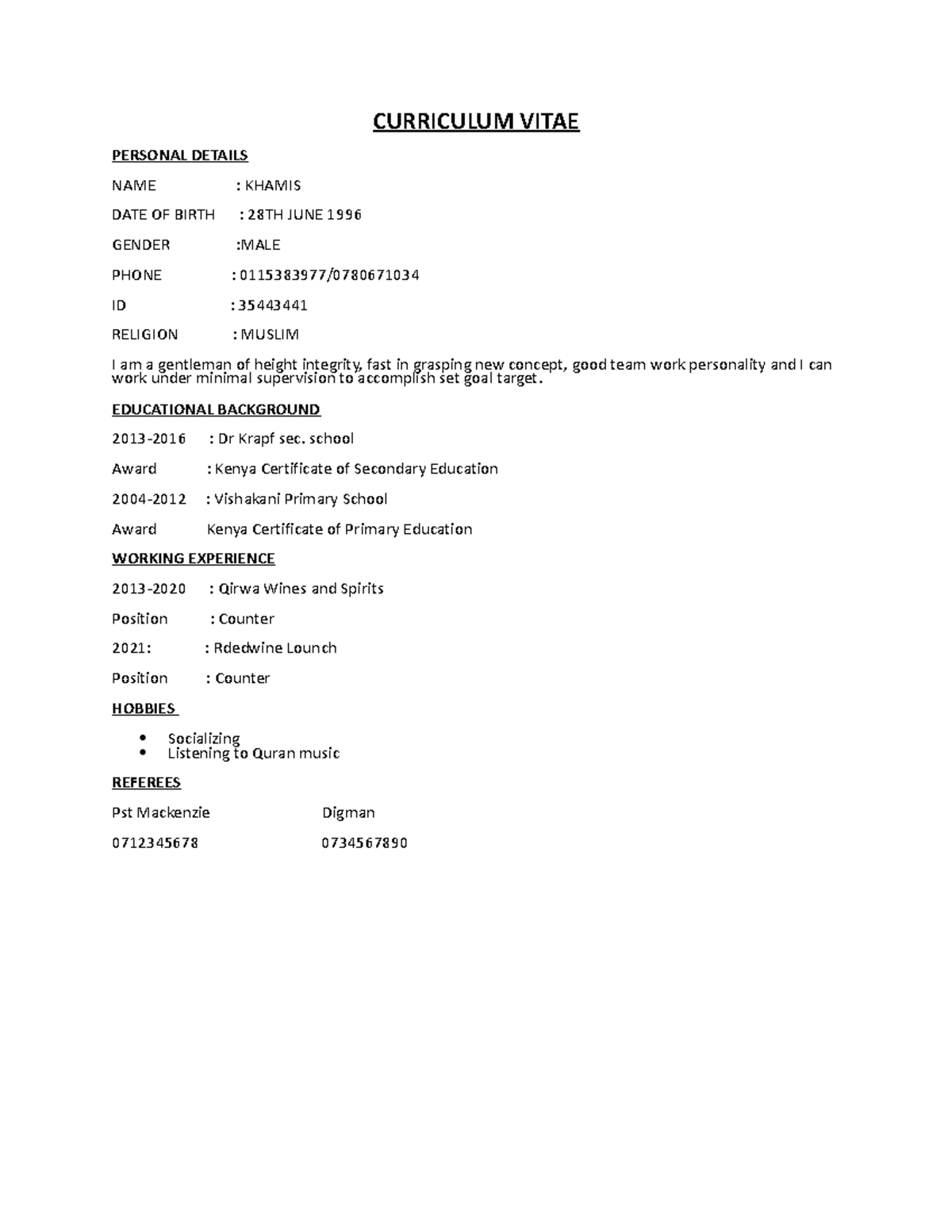 Curriculum VITA 001 - CURRICULUM VITAE PERSONAL DETAILS NAME : KHAMIS ...