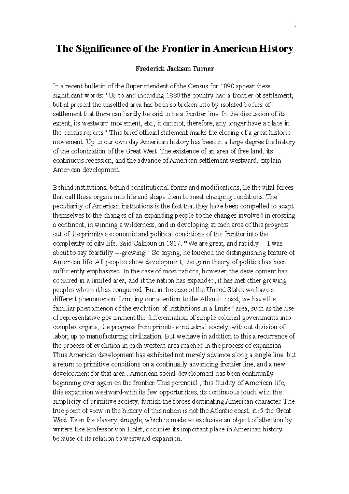 Turner, frontier, tutorial 7 - The Significance of the Frontier in ...