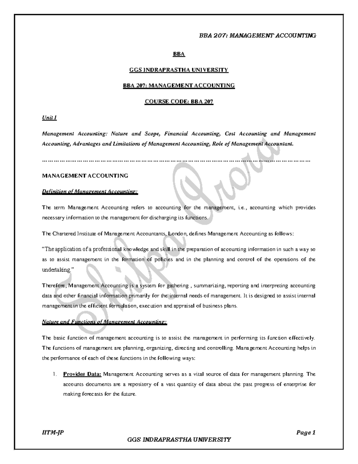 Unit1 MA - Lecture notes 4 - BBA 207: MANAGEMENT ACCOUNTING BBA GGS ...