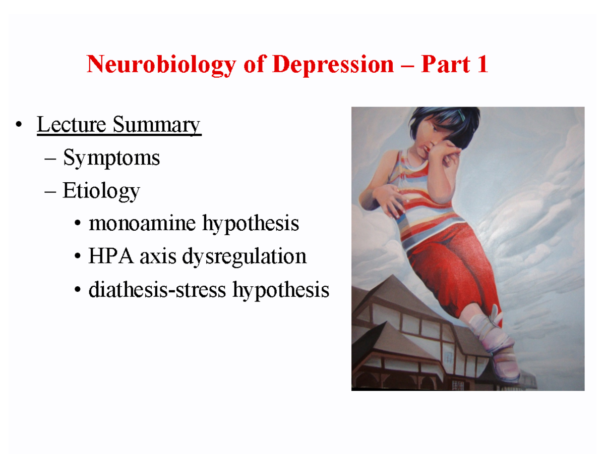 1.depression.370 - Nope - Lecture Summary Symptoms Etiology monoamine ...
