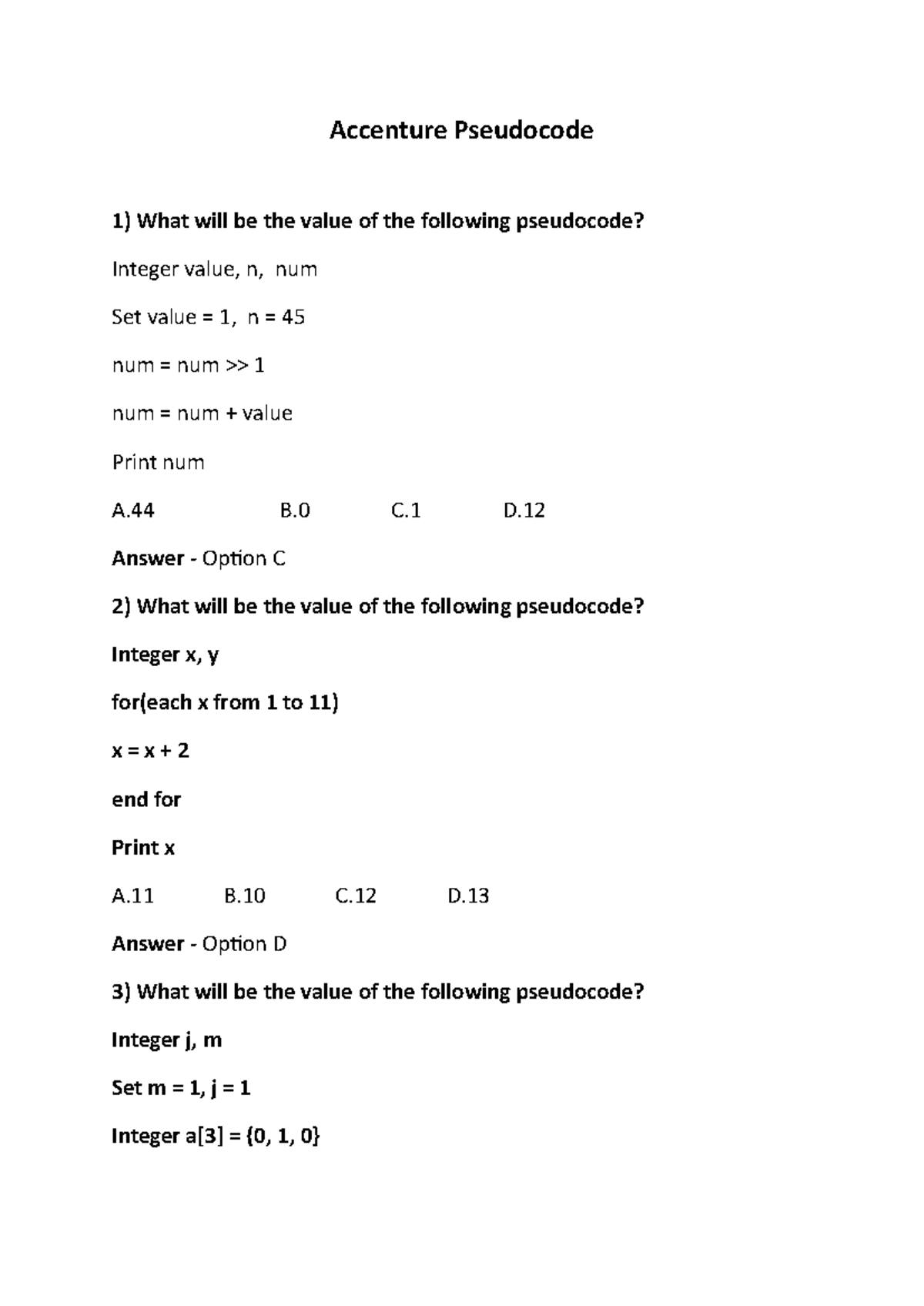Accenture Pseudocode Questions - Accenture Pseudocode What will be the value of the following ...