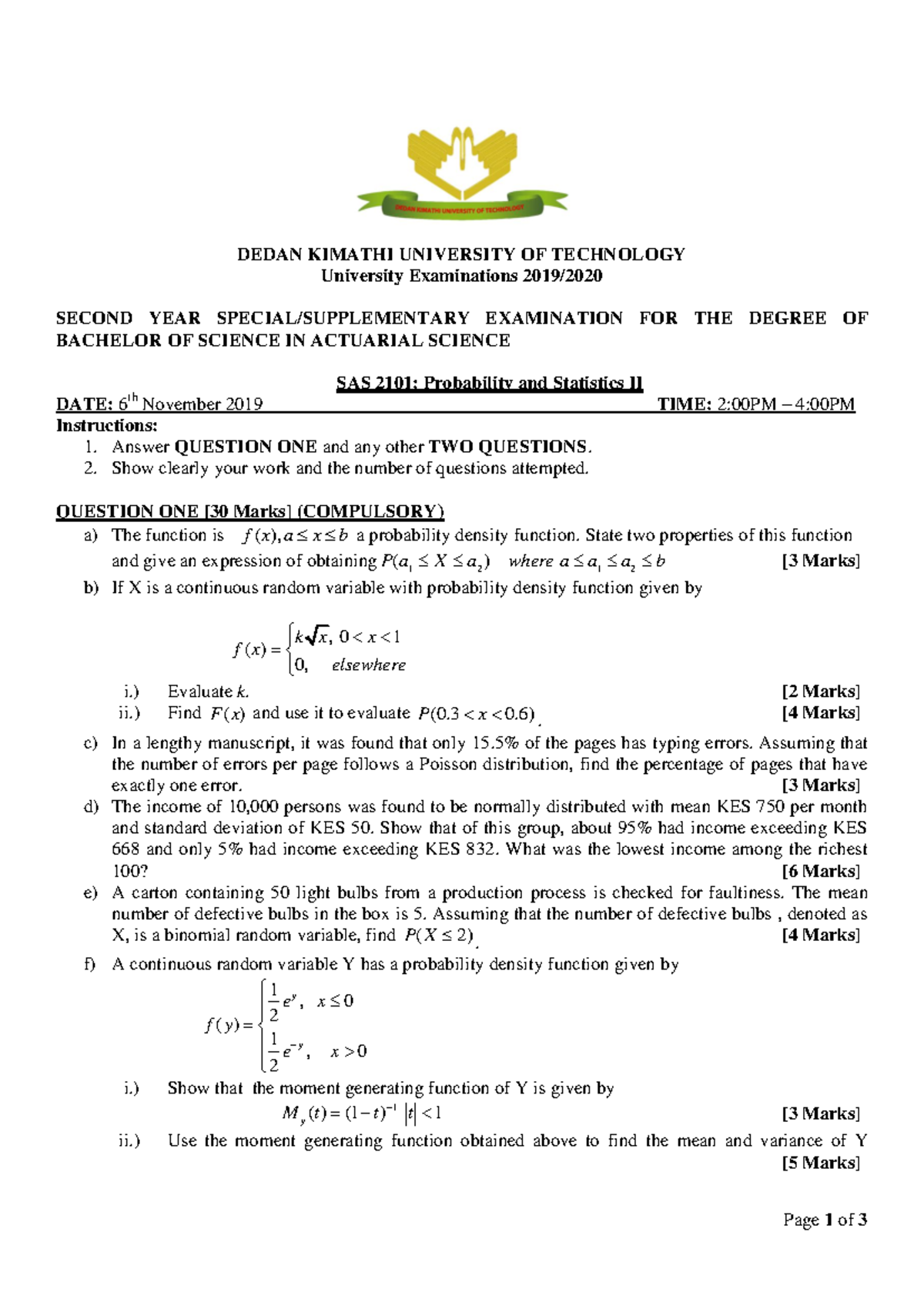 SAS 2101 Probability and Statistics II - Page 1 of 3 DEDAN KIMATHI ...