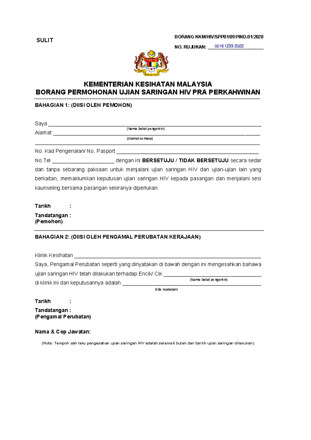 161233-Borang Ujian Saringan HIV Pra Perkahwinan KKM - (Nama bakal ...