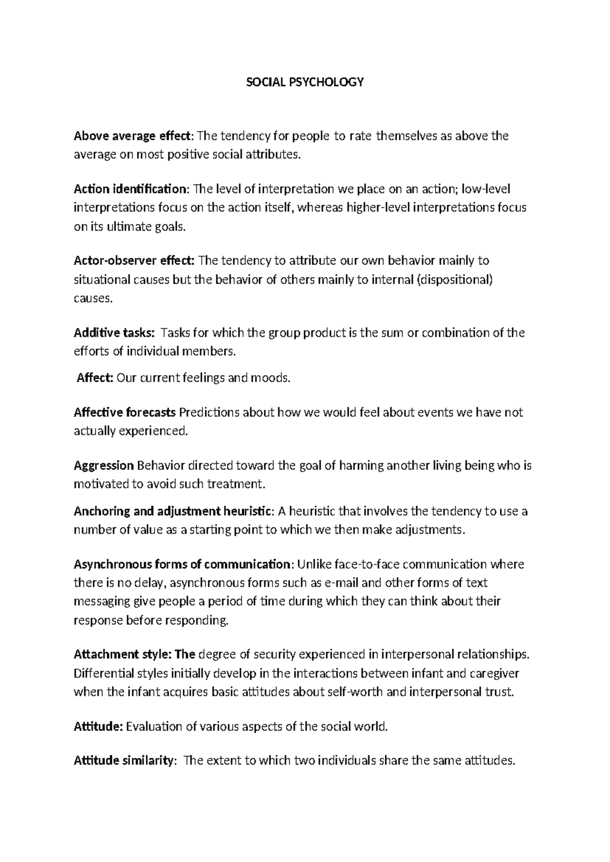 Social psychology glossary - SOCIAL PSYCHOLOGY Above average effect ...