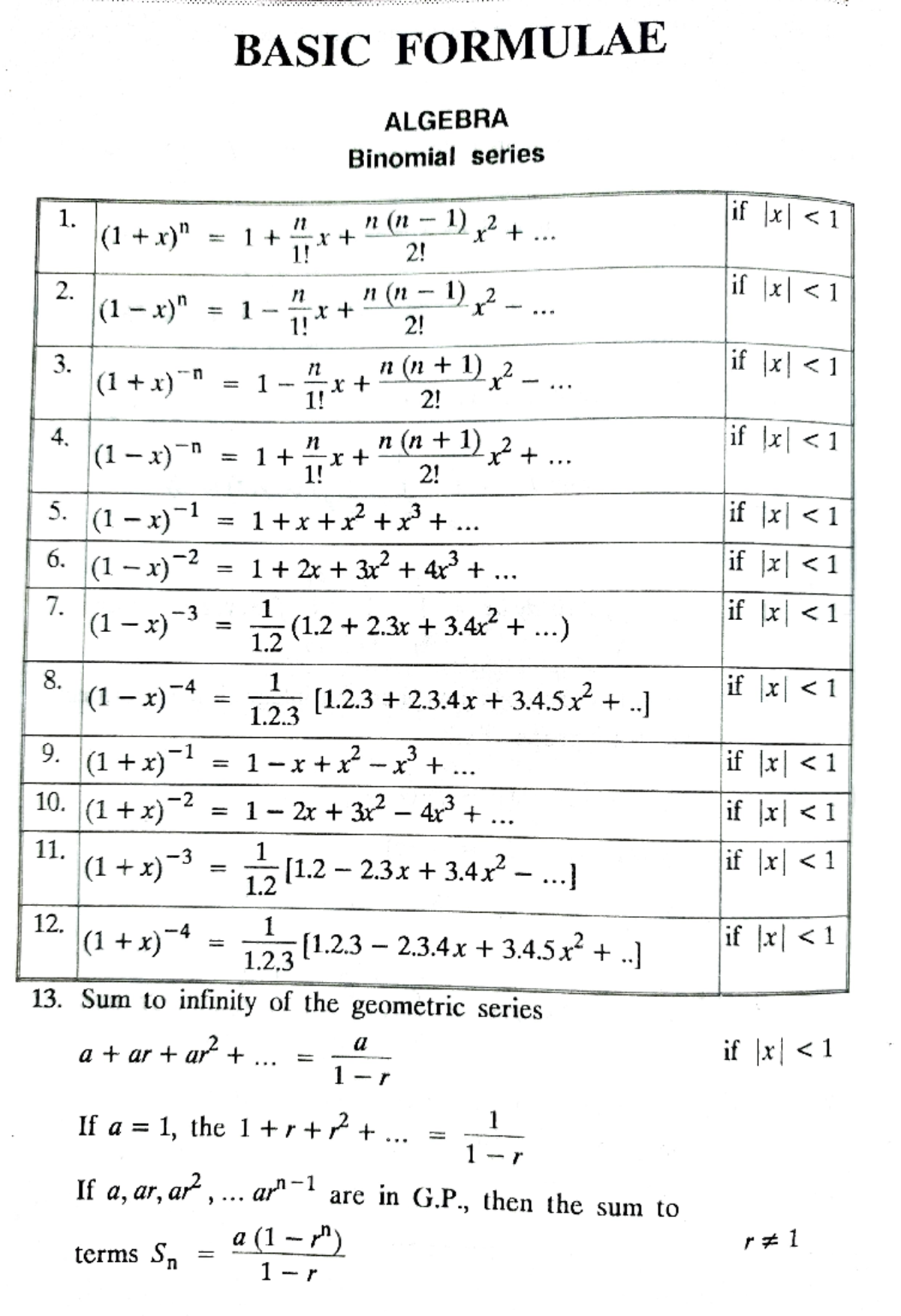 Basic Mathematics formulae - .."*'.'" BASIC FORMULAE ALGEBRA Binomial series 1 (1+x) 1+x - Studocu
