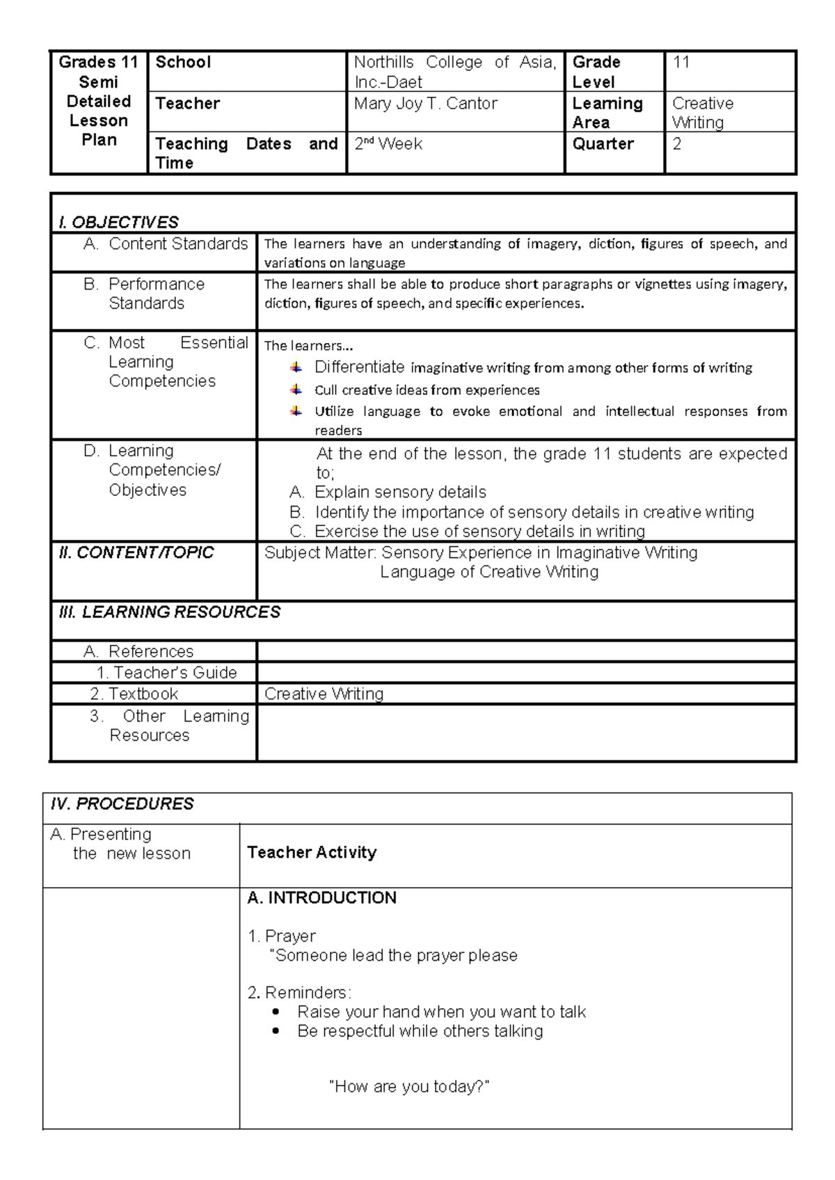 Creative-Writing-2nd-Week - Grades 11 Semi Detailed Lesson Plan School ...
