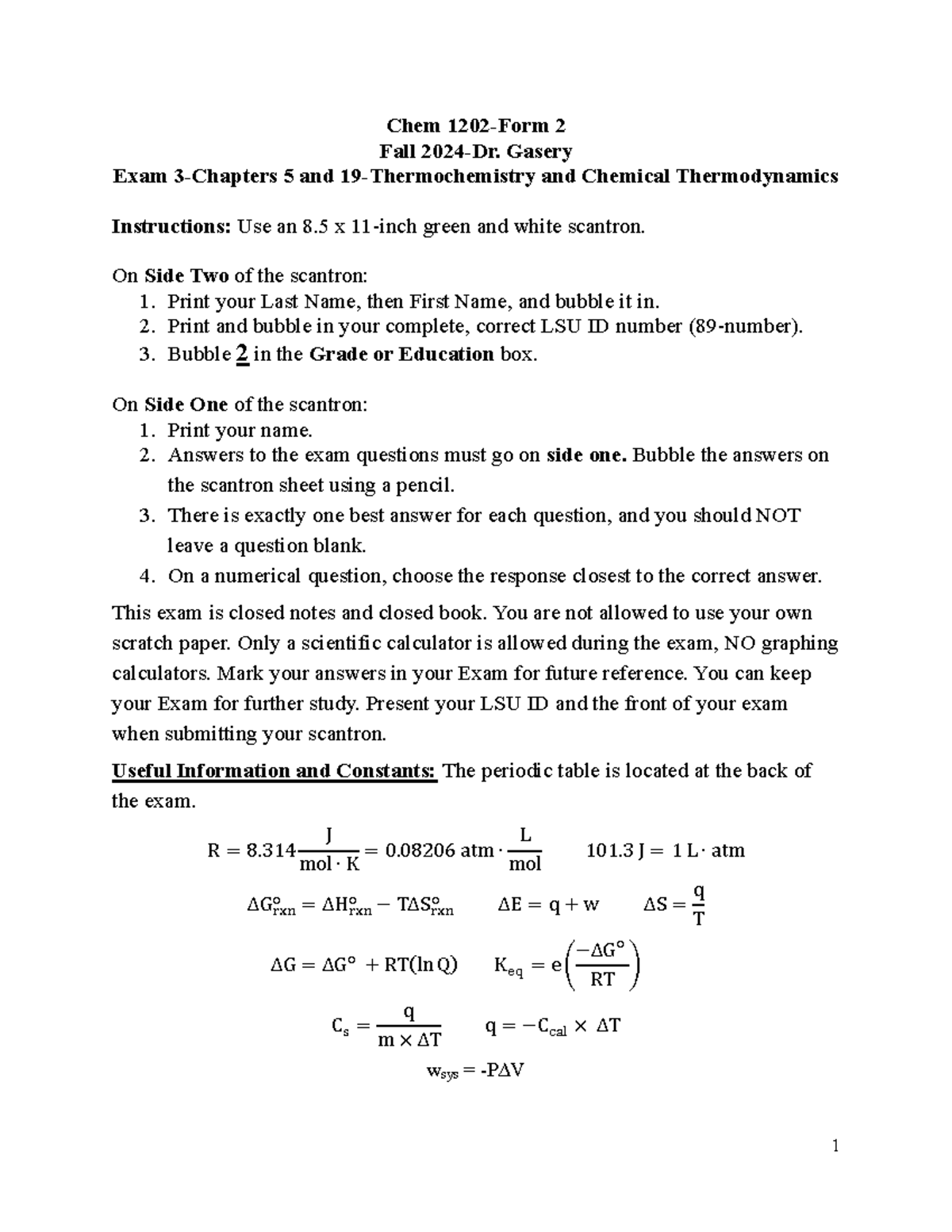 Chem 1202 Exam 3 Form 2 Answer Key - Chem 1202-Form 2 Fall 2024-Dr ...