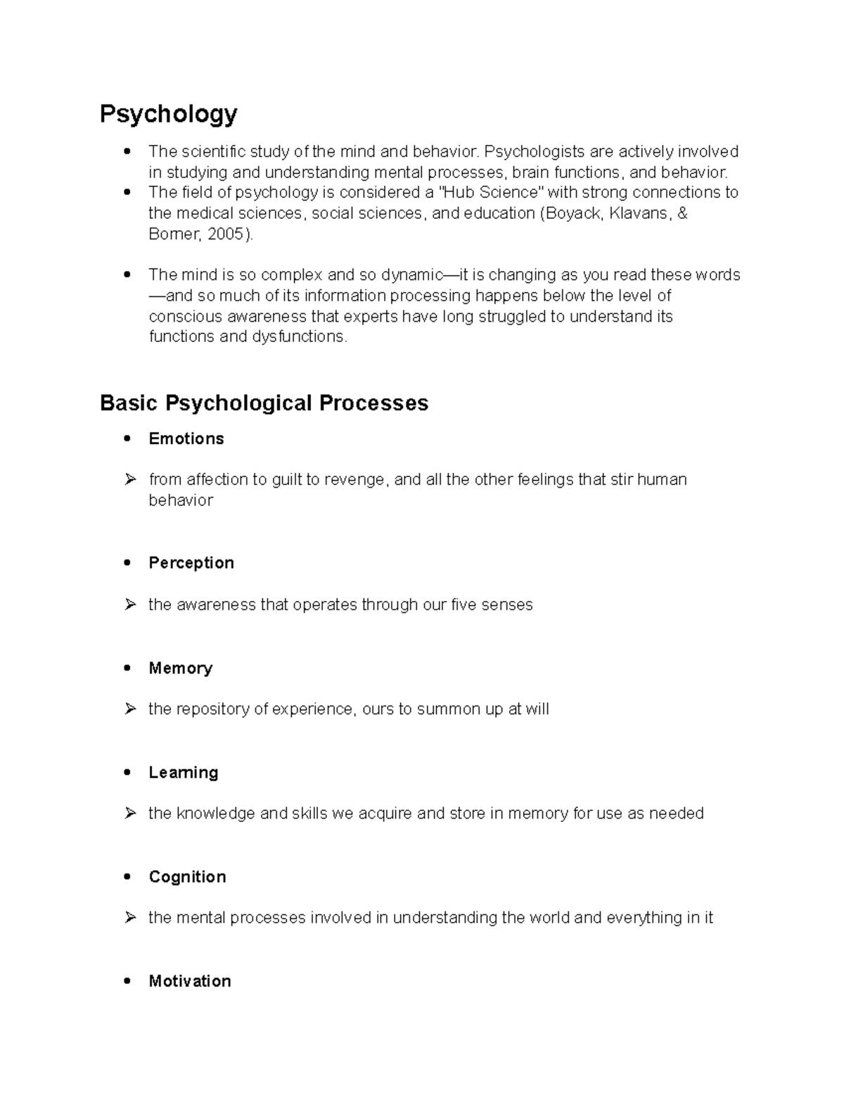 Psychology - Lecture notes 10 - Psychology The scientific study of the ...