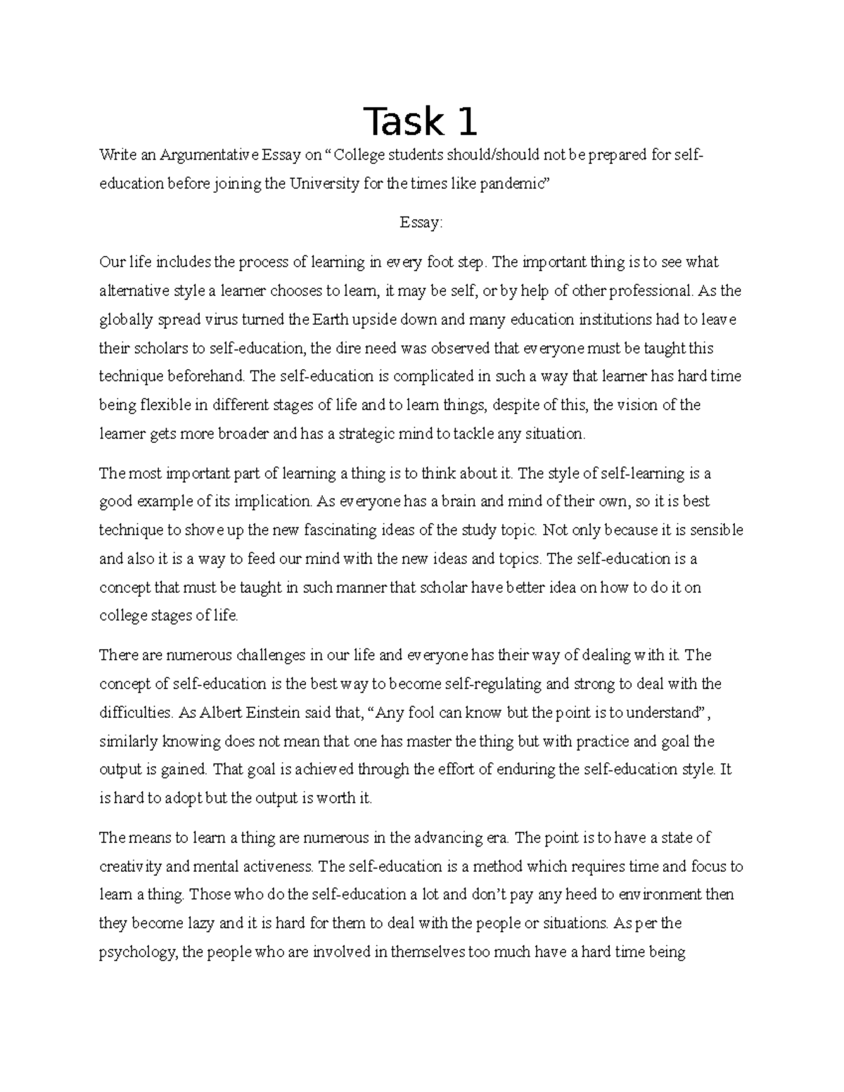 Task 1 - SDF - Task 1 Write an Argumentative Essay on “College students ...