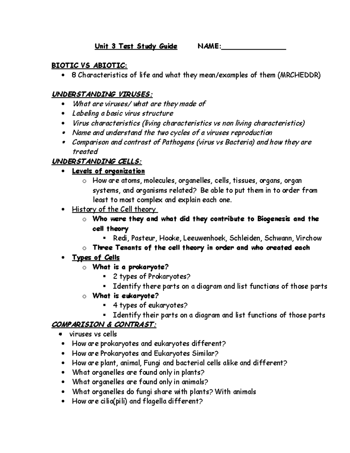 Cells types characteristics and parts - Unit 3 Test Study Guide NAME ...