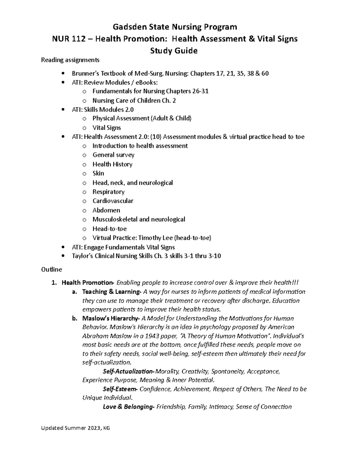 Study Guide Vital Signs - NUR 112 – Health Promotion: Health Assessment ...