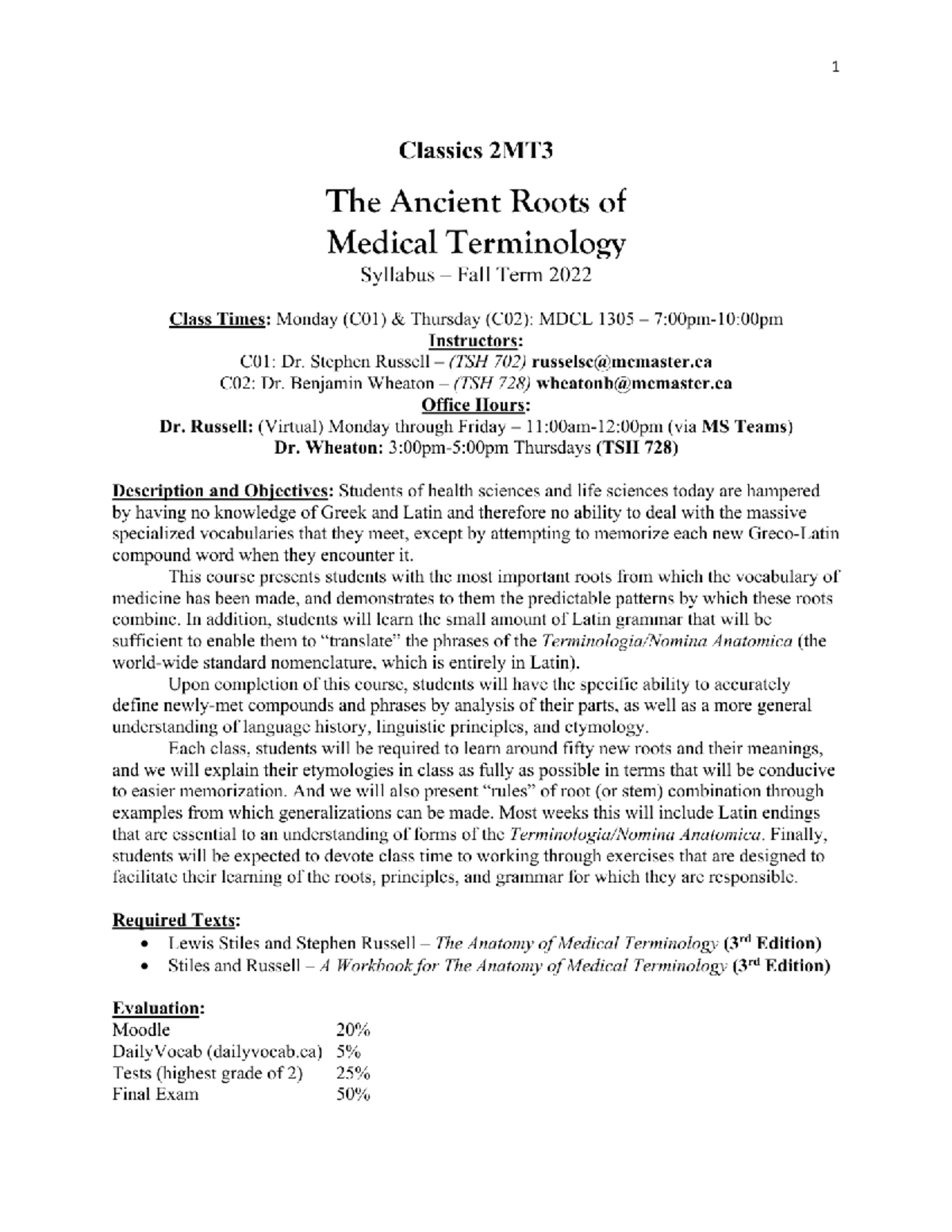 Syllabus 2MT3 Fall 2022 both sections - Classics 2MT3 Ancient Roots of ...