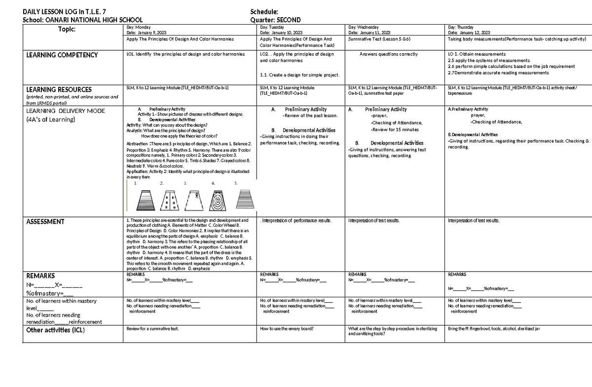 DLL in Dressmaking - DAILY LESSON LOG in T.L. 7 Schedule: School ...