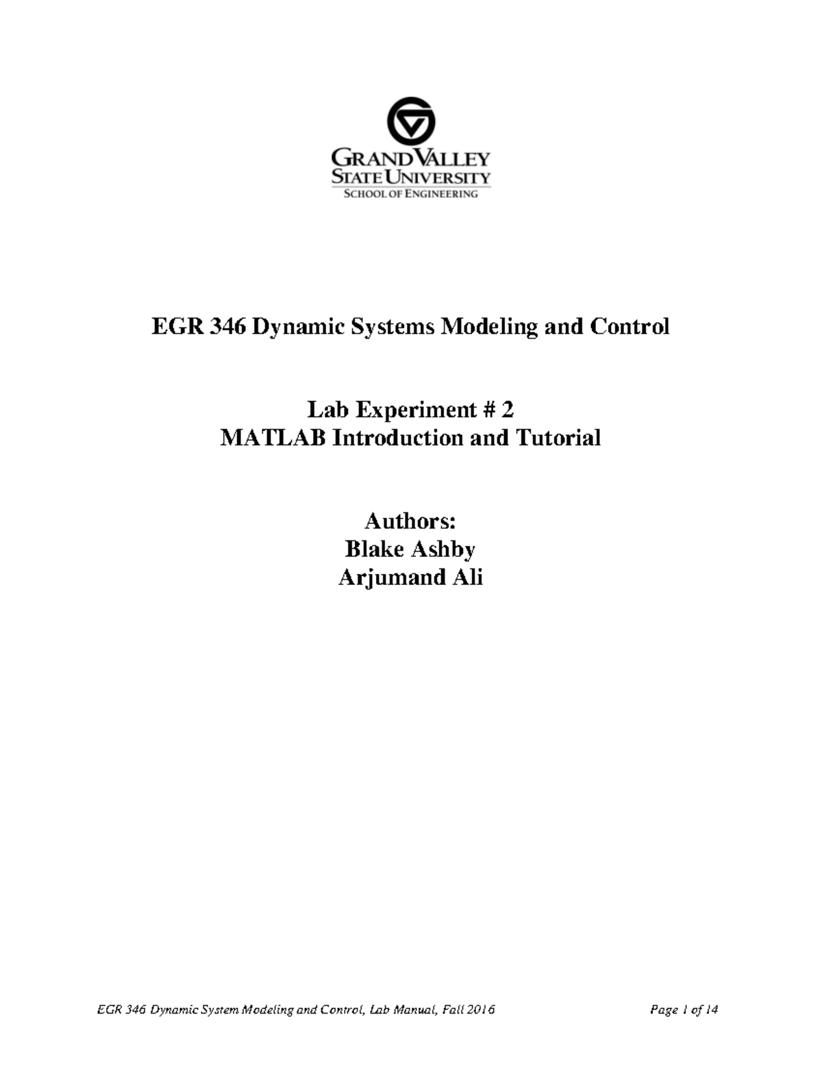 Matlab software - EGR 346 Dynamic Systems Modeling and Control Lab ...