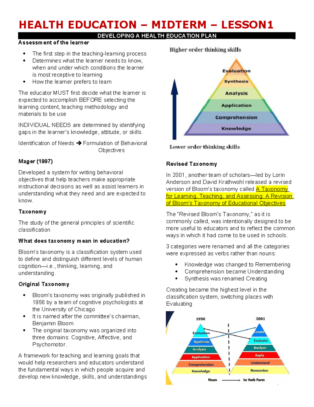 Midterm Lesson 1 - DEVELOPING A HEALTH EDUCATION PLAN Assessment of the ...