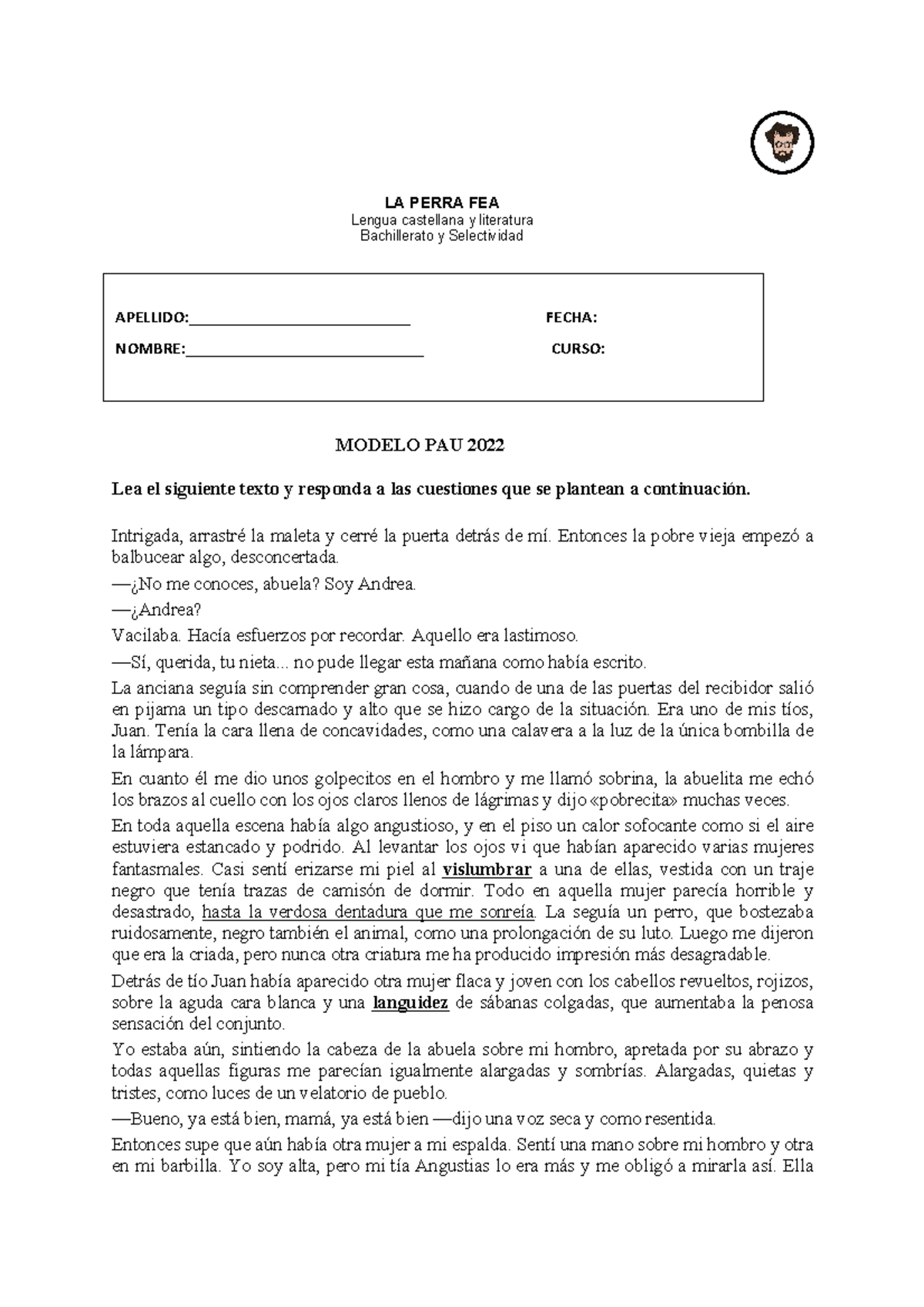 MODELO PAU 2022 - LA PERRA FEA Lengua castellana y literatura ...