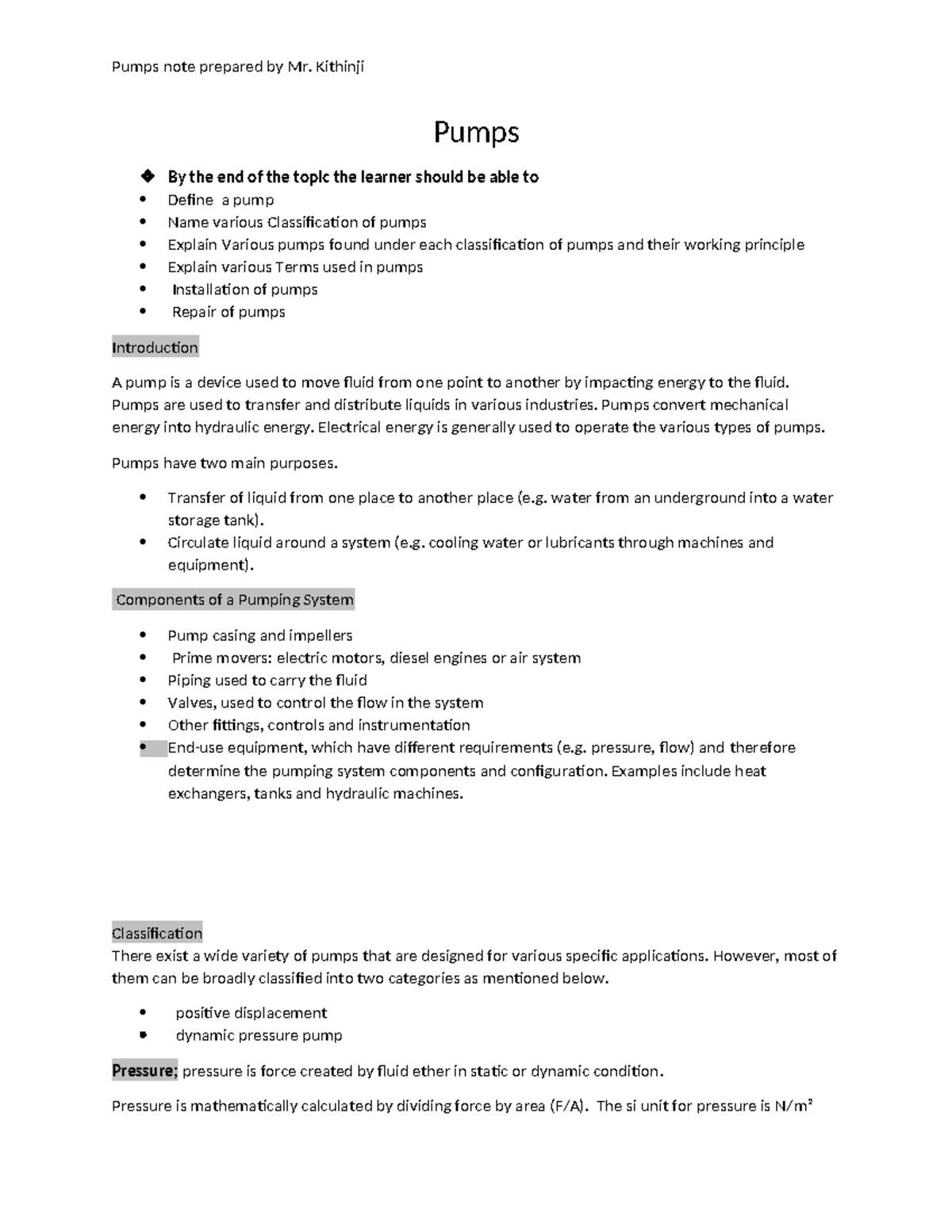Pumps notes 2 - Pumps By the end of the topic the learner should be ...