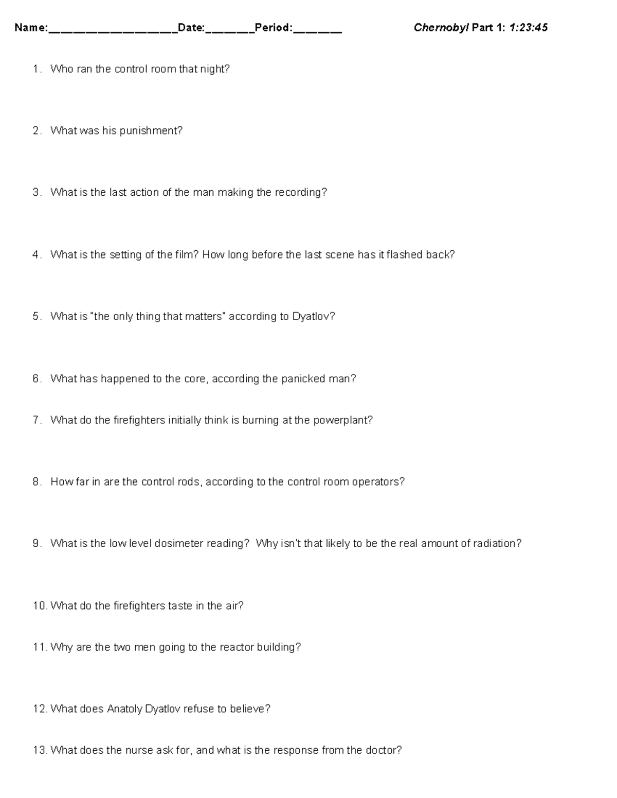 Chernobyl Mini Series - Episode 1 - Student Questions Worksheet - - Studocu