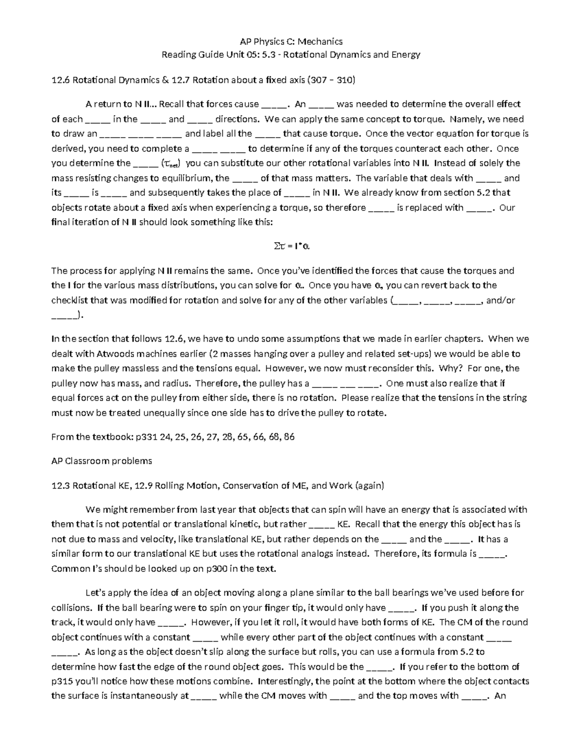 Unit05(5.3)_RG-Dynamics&Energy - AP Physics C: Mechanics Reading Guide ...